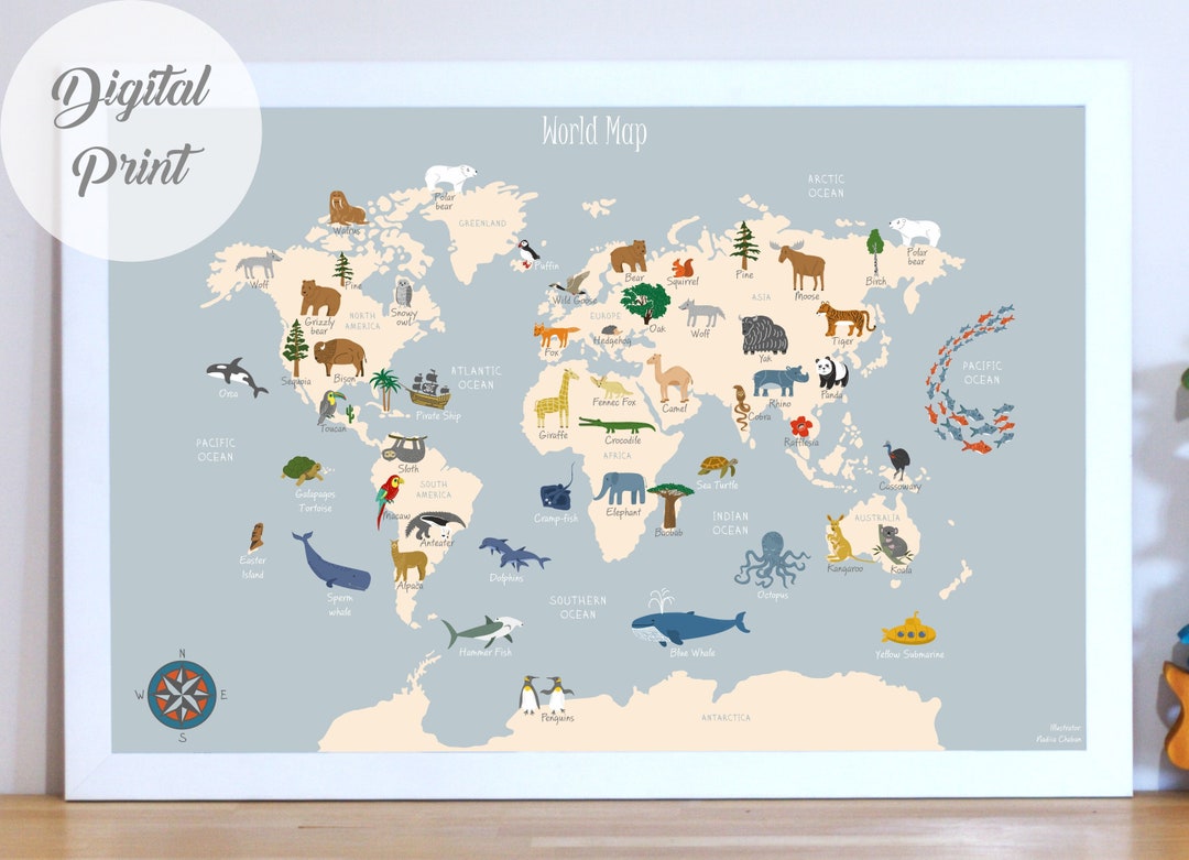 Animal World Map Poster Blue, Educational Illustrated Map, Kids Wall ...