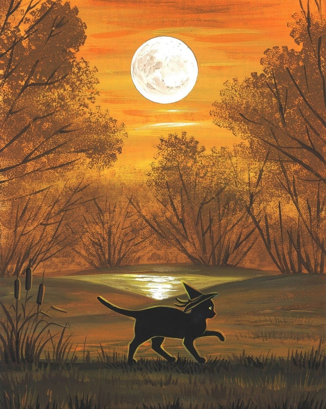 8x10 Catwitch of Salem Forest RYTA HALLOWEEN Black Cat Witch Landscape ...
