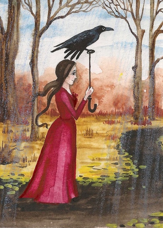 5x7 Rainy Day RYTA Raven Crow Woman Red Dress Gothic Landscape | Etsy