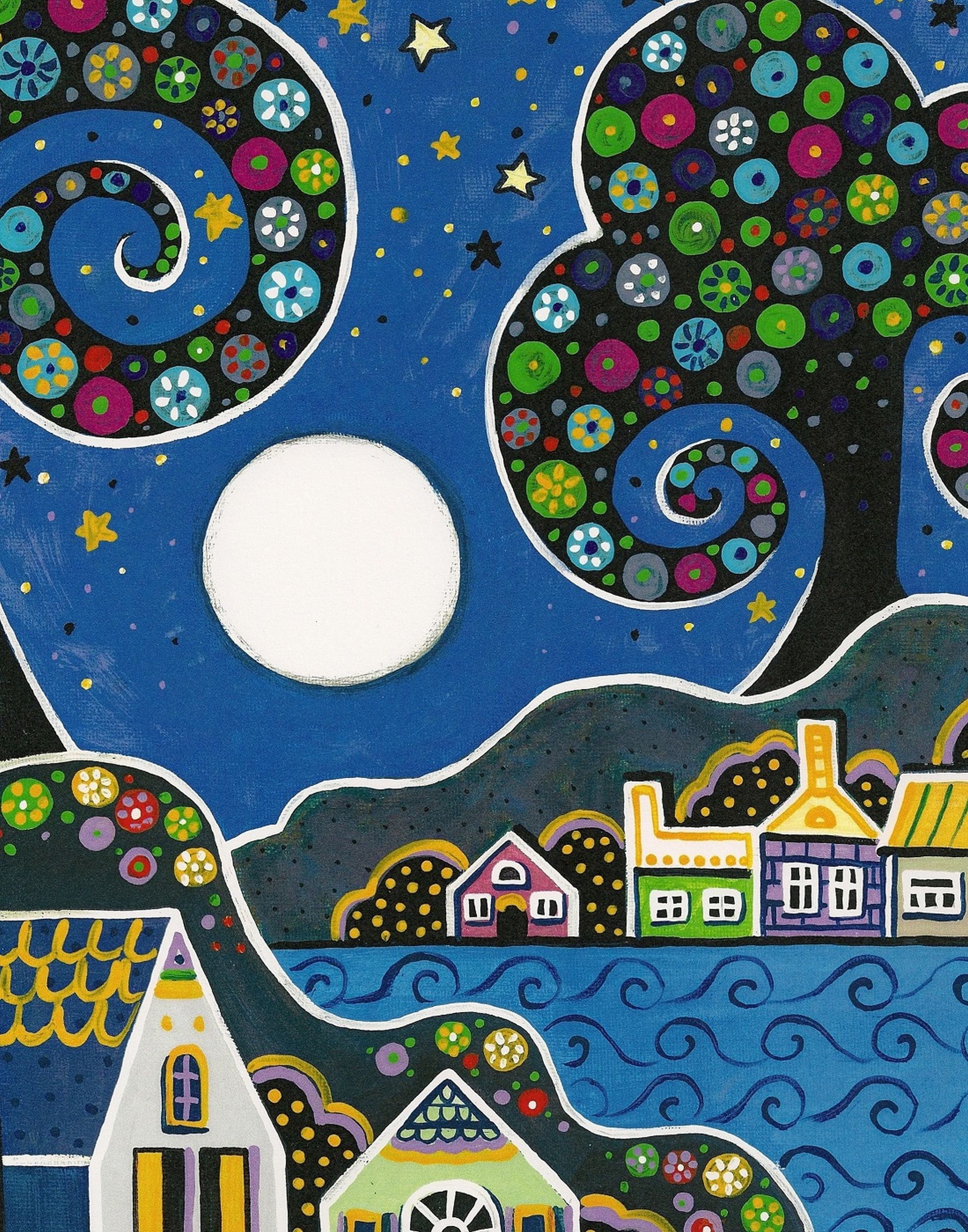 11x14 Night Sky RYTA Abstract Folk Art Seascape Cityscape Full Moon ...