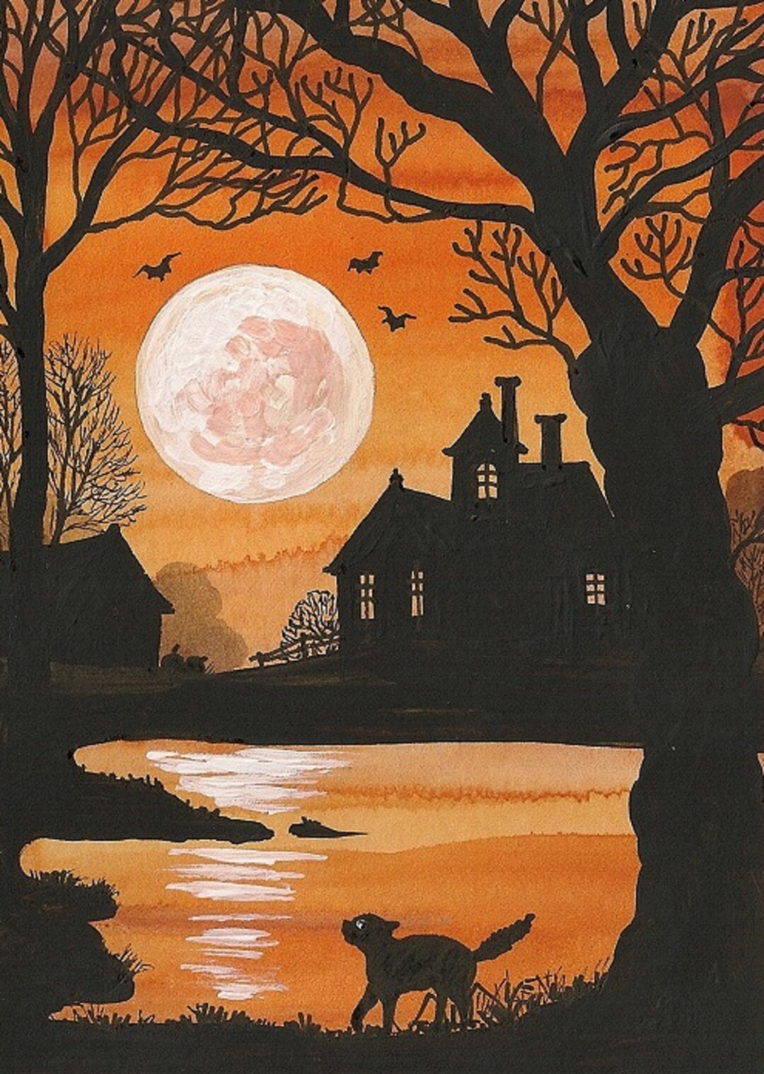 ACEO Haunted Halloween Farm RYTA Landscape Black Cat House Spooky Scary ...