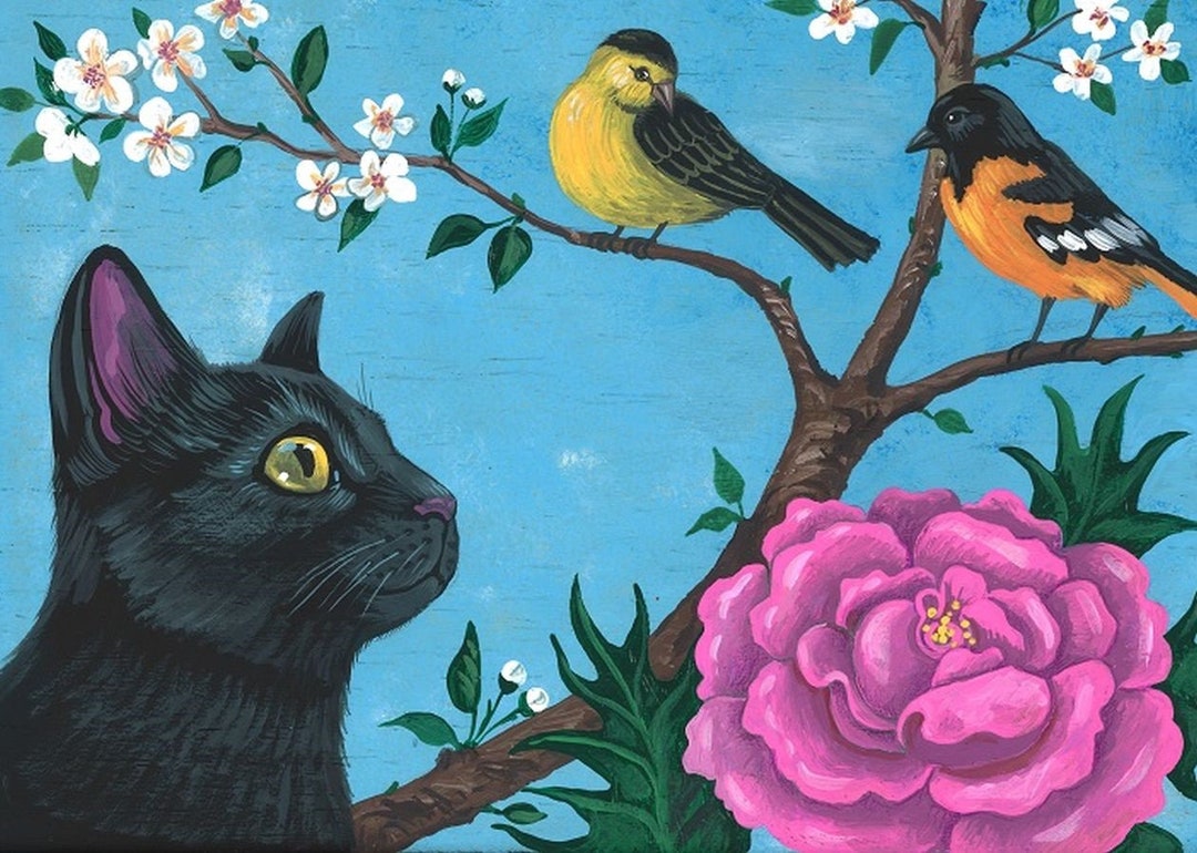 5x7 Welcome Back Birdie RYTA Spring Black Cat Bird Oriole Scenic Art ...