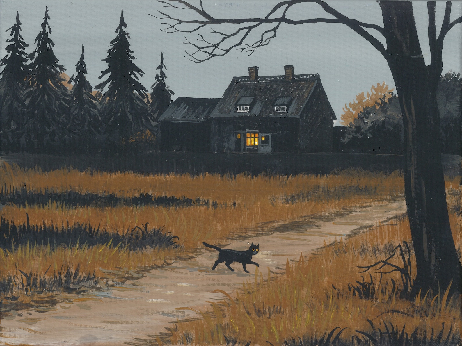 18x24 Swamp House RYTA Print of Painting Halloween Black Cat Folk Art ...