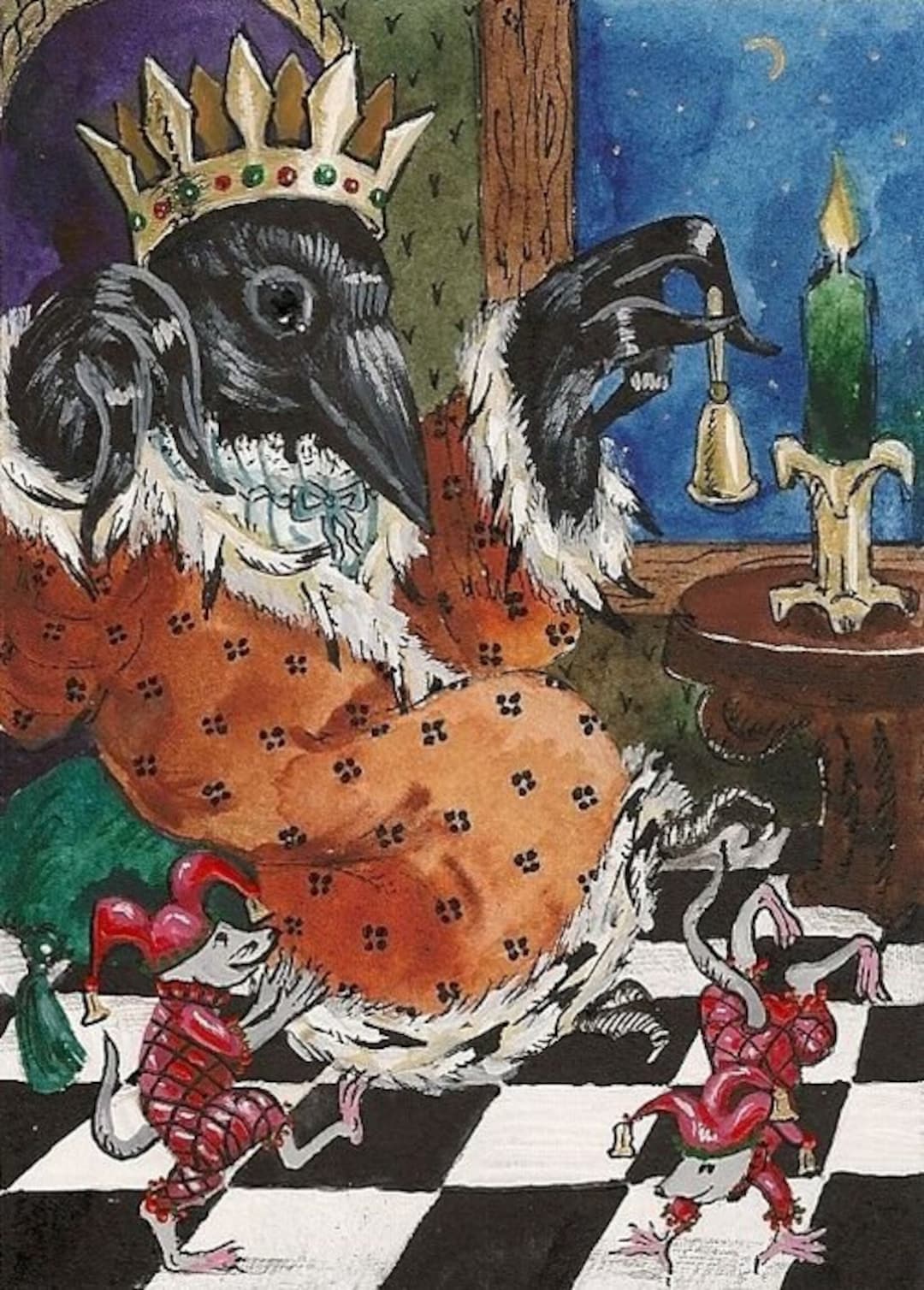 ACEO King Raven RYTA Crow Mouse Mice Court Jester Royalty Interior Home ...