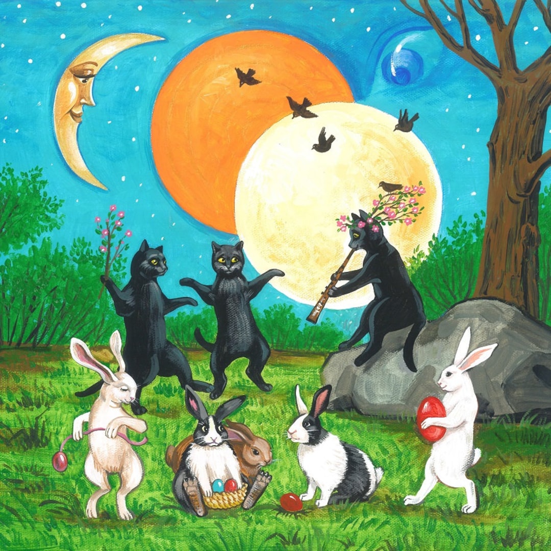 18x18 Happy Ostara RYTA Easter Black Cat Rabbit Egg Hunt Folk Art ...