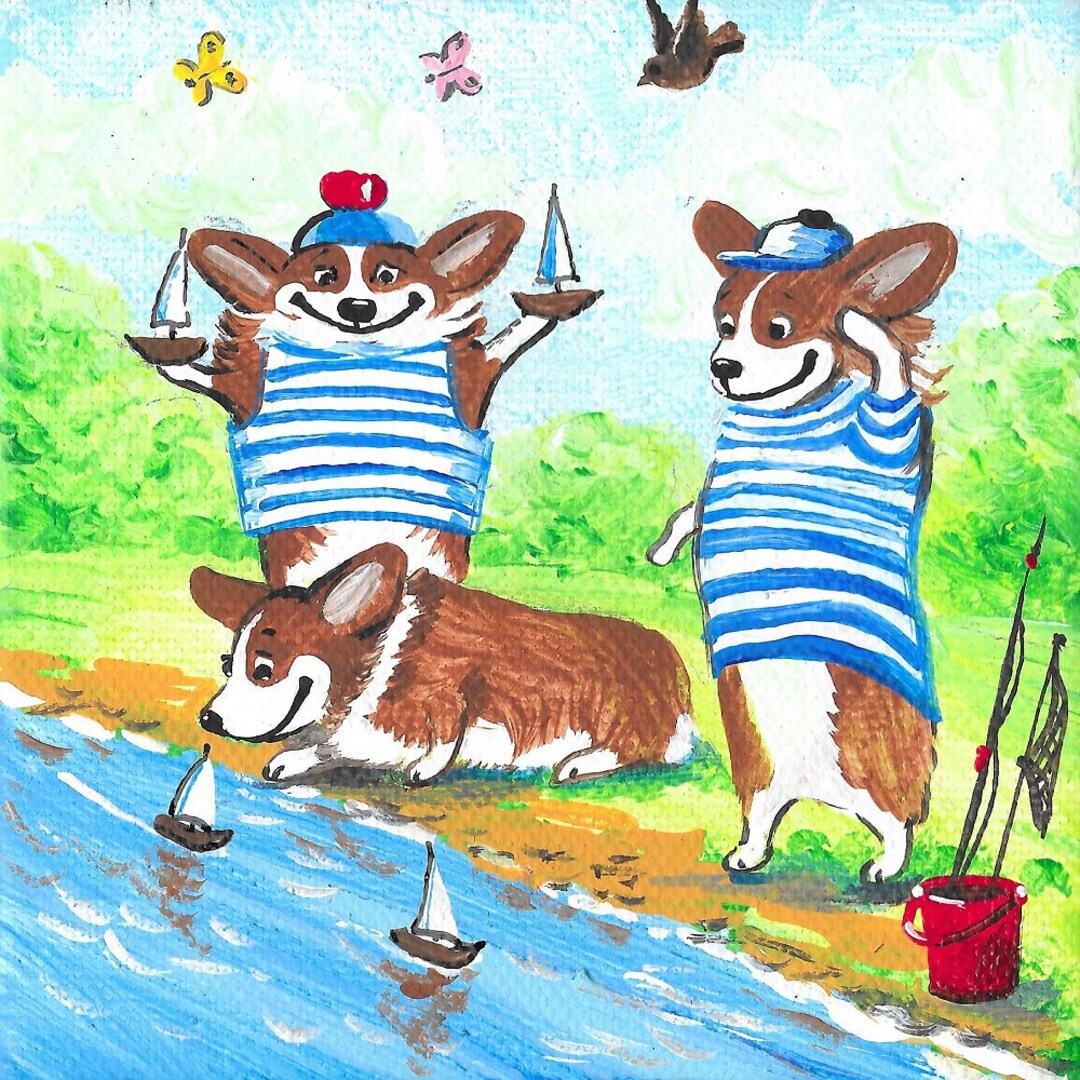 8x8 Three Captains RYTA Corgi Dog Boat Summer Vacation Puppy Pet Dog ...