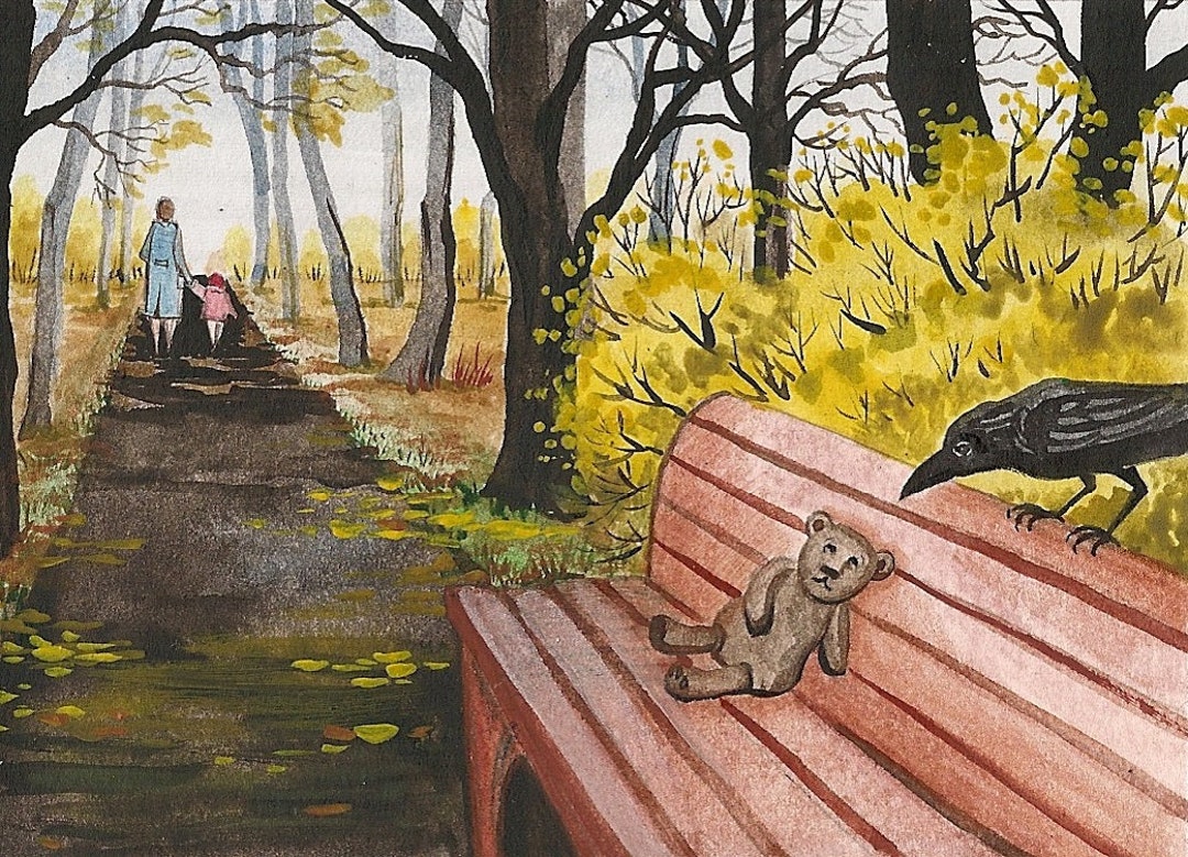 5x7 Lost Teddy RYTA Raven Crow Child Teddy Bear Landscape Maple Tree ...