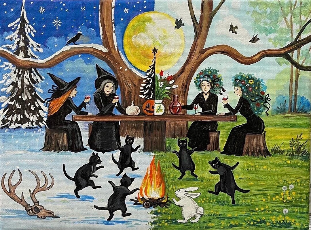 ACEO Spring Equinox RYTA Black Cat Halloween Fall Vintage Style Folk ...