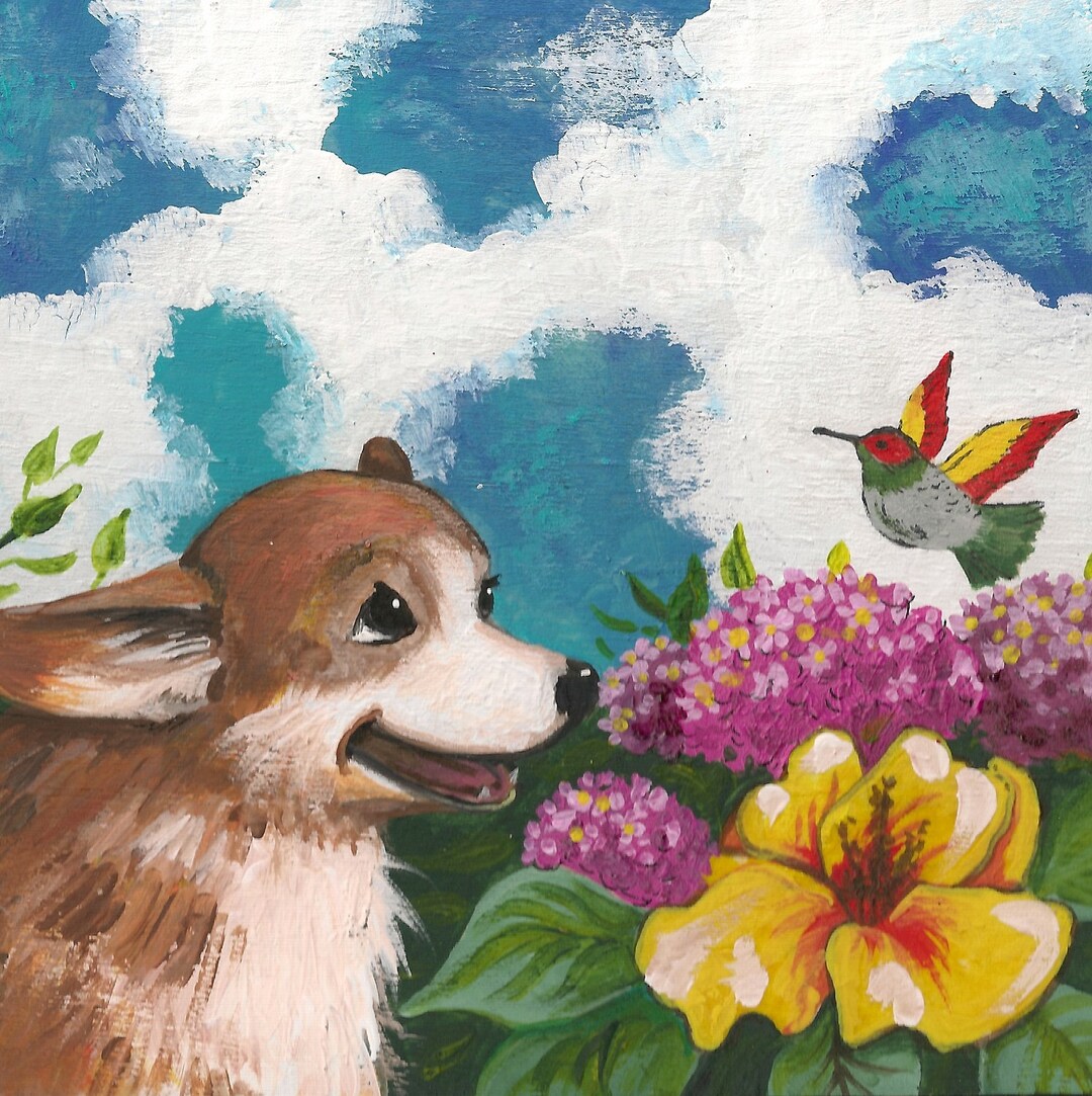 8x8 Exploring the Garden RYTA Corgi Dog per Hummingbird Flower Spring ...