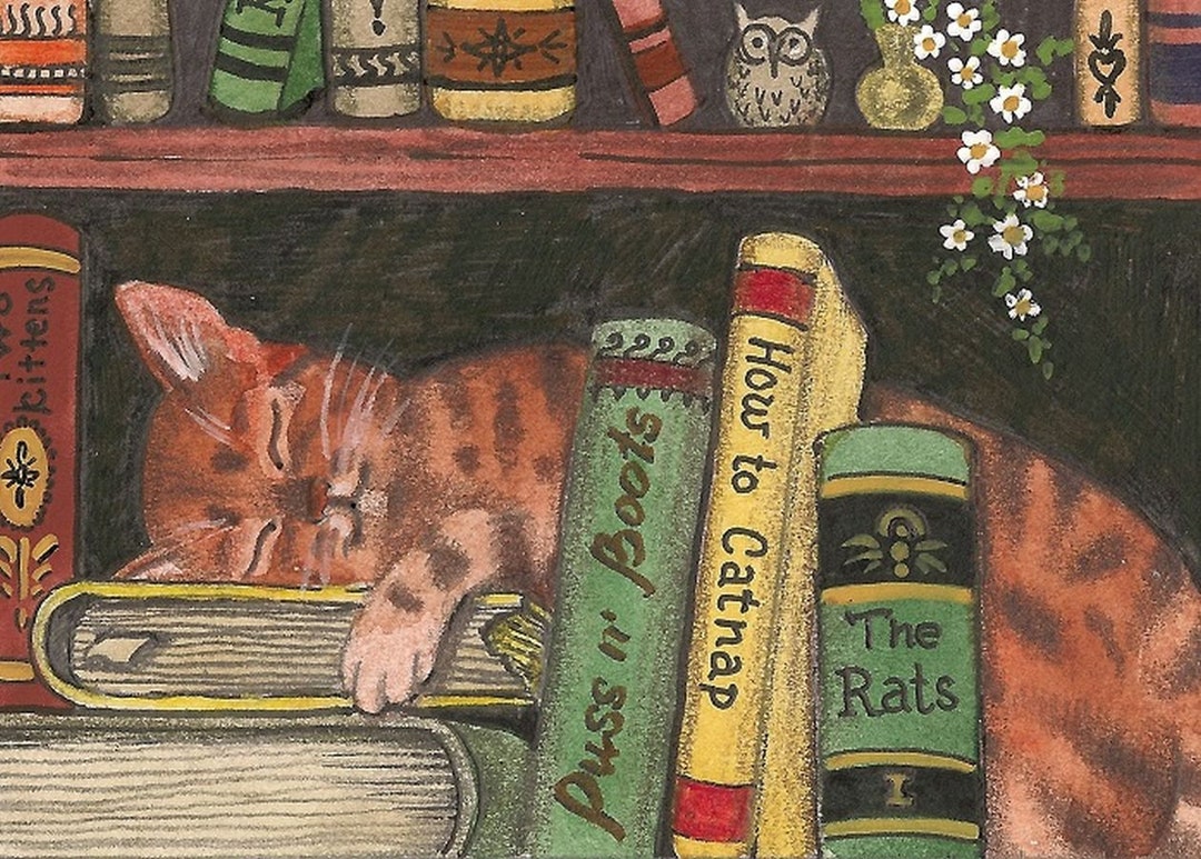 5x7 Dreaming in the Library RYTA ART Orange Tabby Cat Interior Home ...