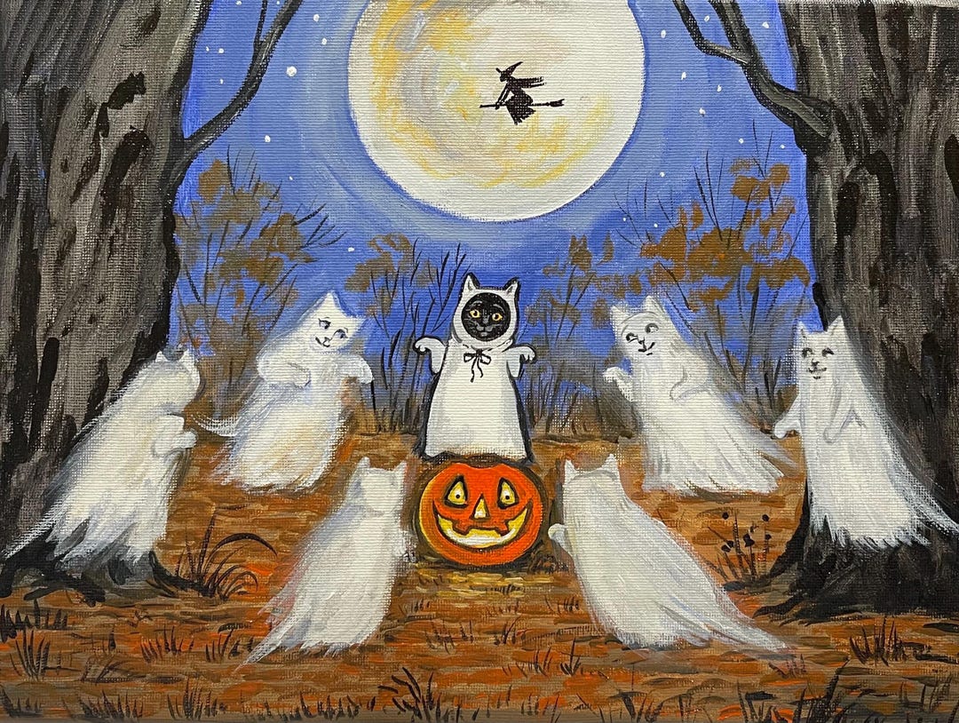 4x6 Dancing Black Cats RYTA Halloween Witch Cat Full Moon Seasonal Autumn Decor Vintage Style ...