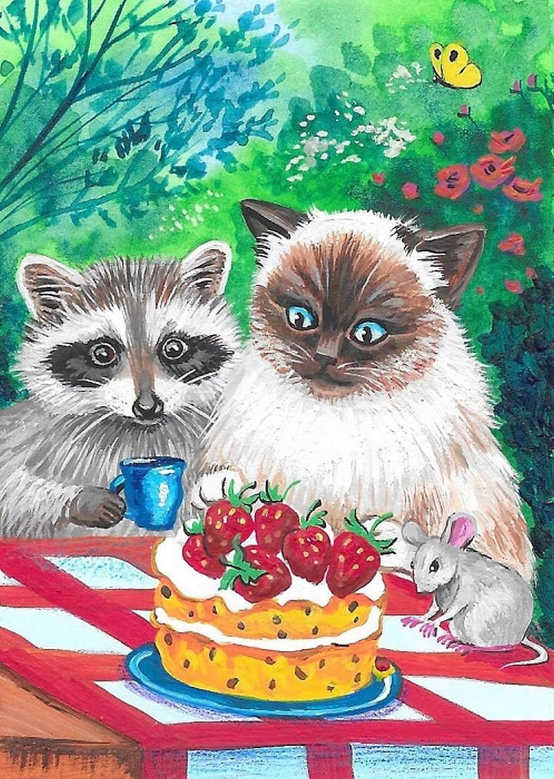 ACEO Strawberry Delight RYTA Print Siamese Cat Raccoon Mouse Wildlife ...
