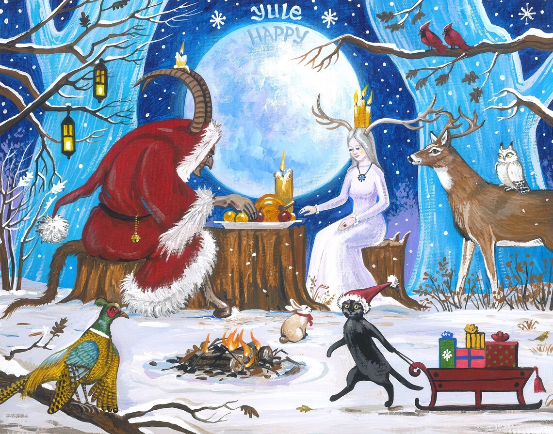 18x24 Happy Yule RYTA Christmas Krampus Black Cat Reindeer Solstice ...