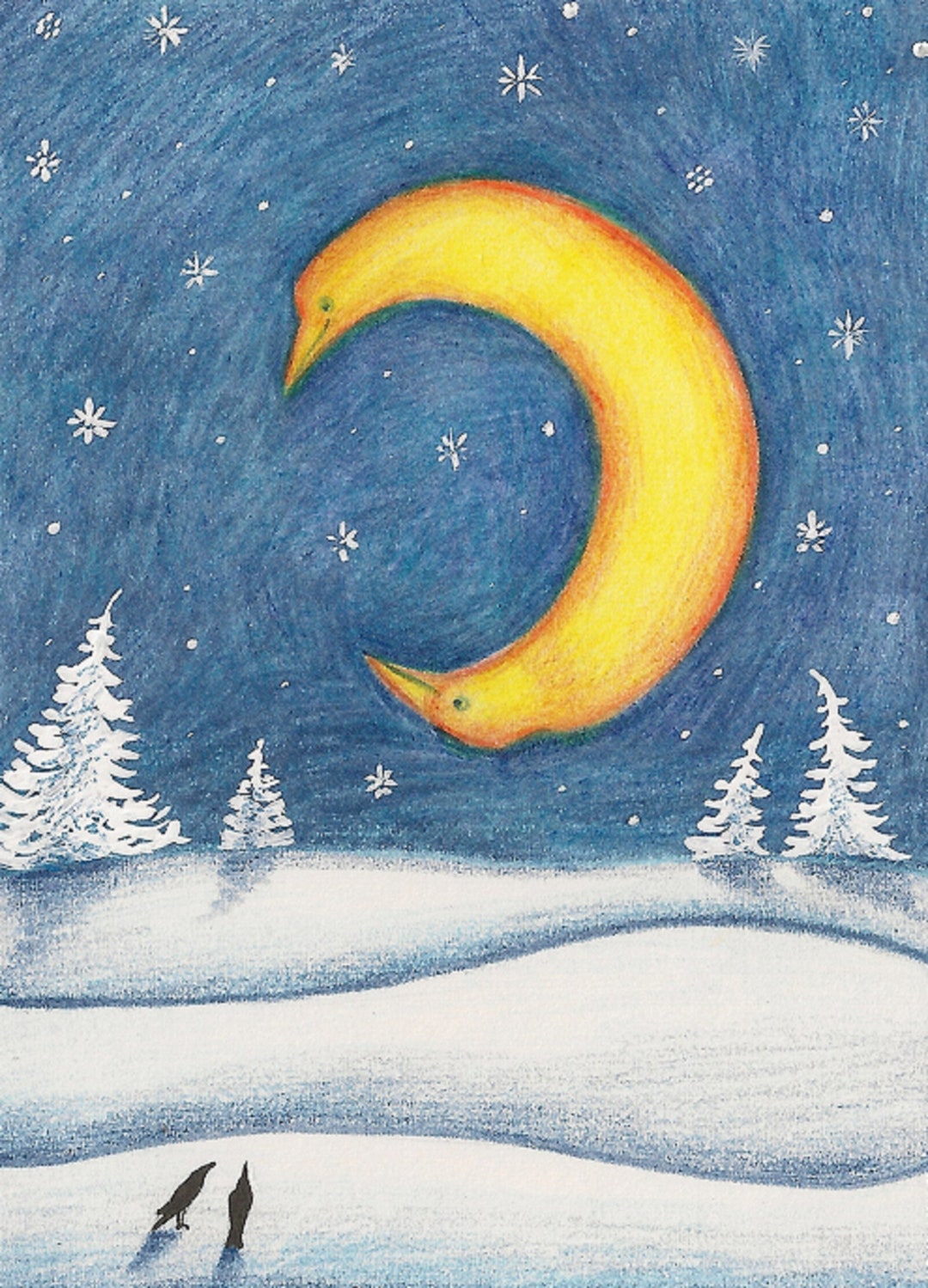 5x7 Raven's Crescent Moon RYTA Raven Crow Winter Christmas Holiday ...