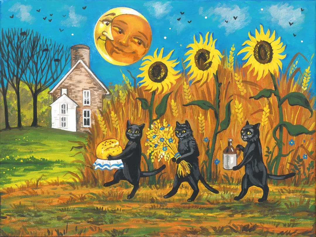 9x12 Inch Happy Lammas Celebration RYTA ART Pagan Black Cat Landscape ...