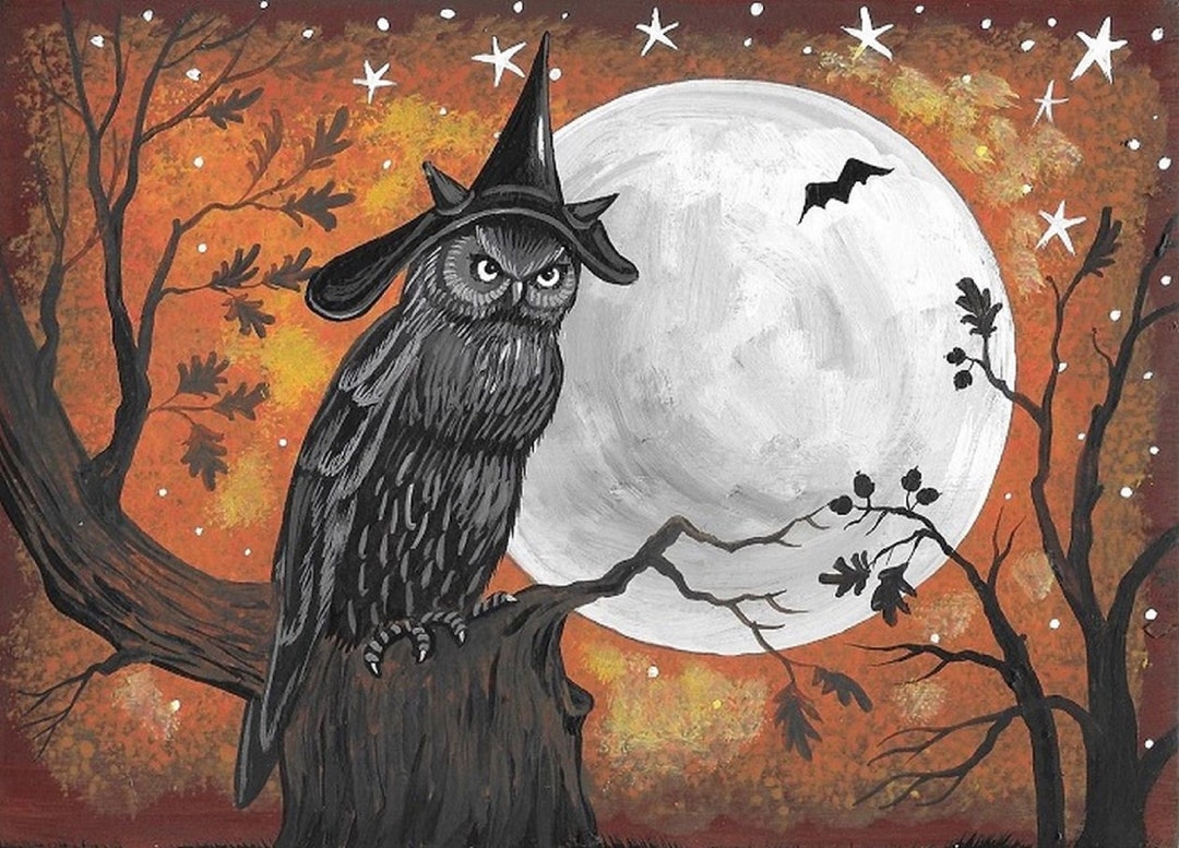 ACEO Owlwitch RYTA Halloween Owl Witch Full Moon Bat Cats Night Sky ...