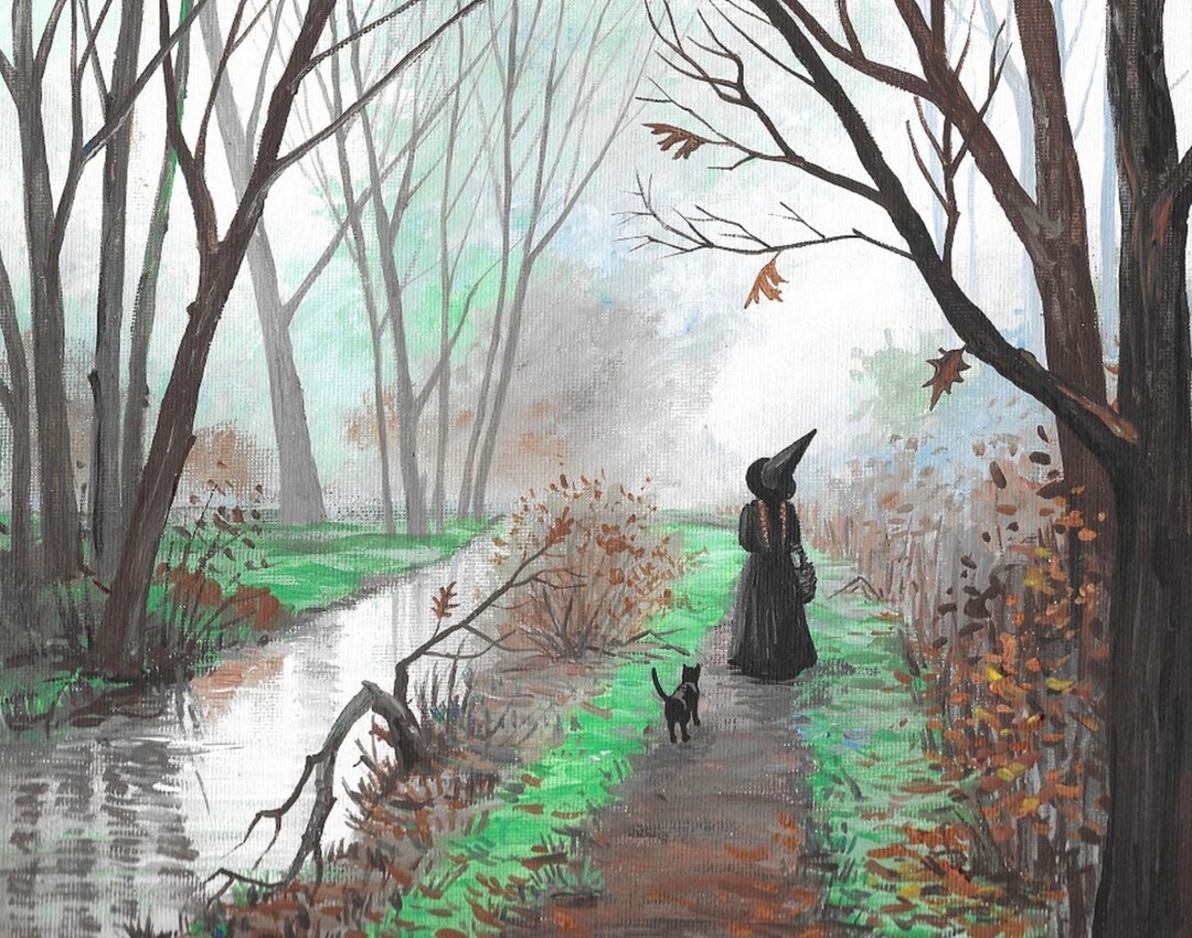 11x14 Haunted Brook RYTA Halloween Forest Witch Black Cat River Stream ...