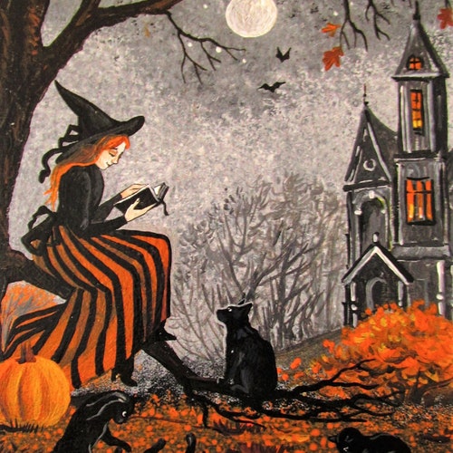 Witch's Story 4x6 Halloween Witch Black Cat Ryta Print of - Etsy