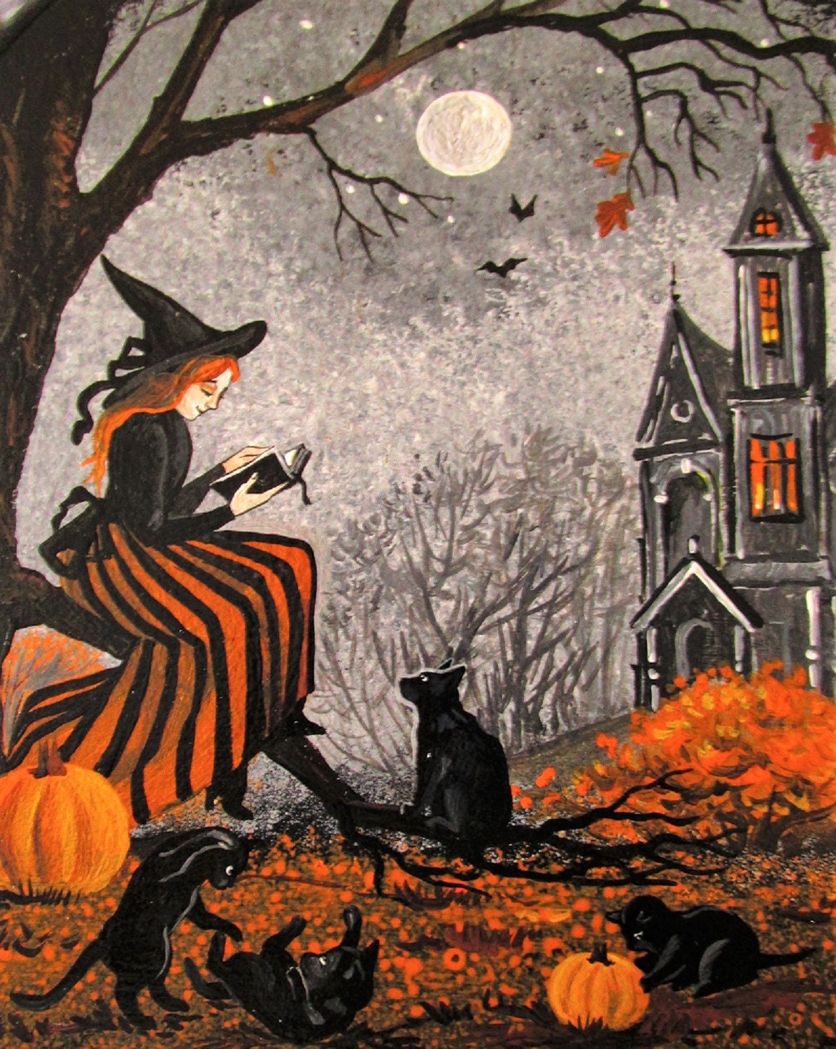 Witch's Story 11x14 Halloween Witch Black Cat Ryta Print of Original by ...