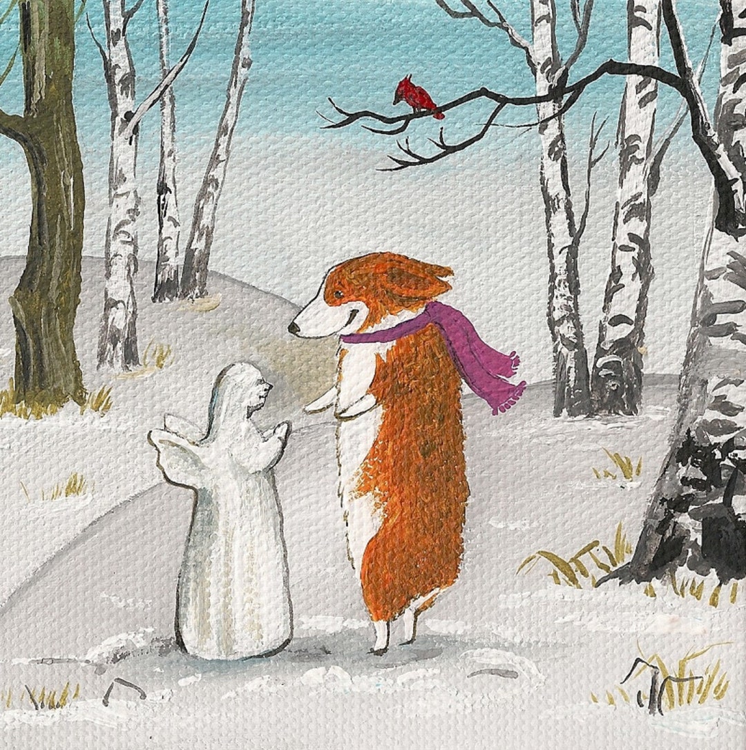 8x8 Making Snow Angels RYTA Corgi Dog Pet Office House Snowflake Winter ...