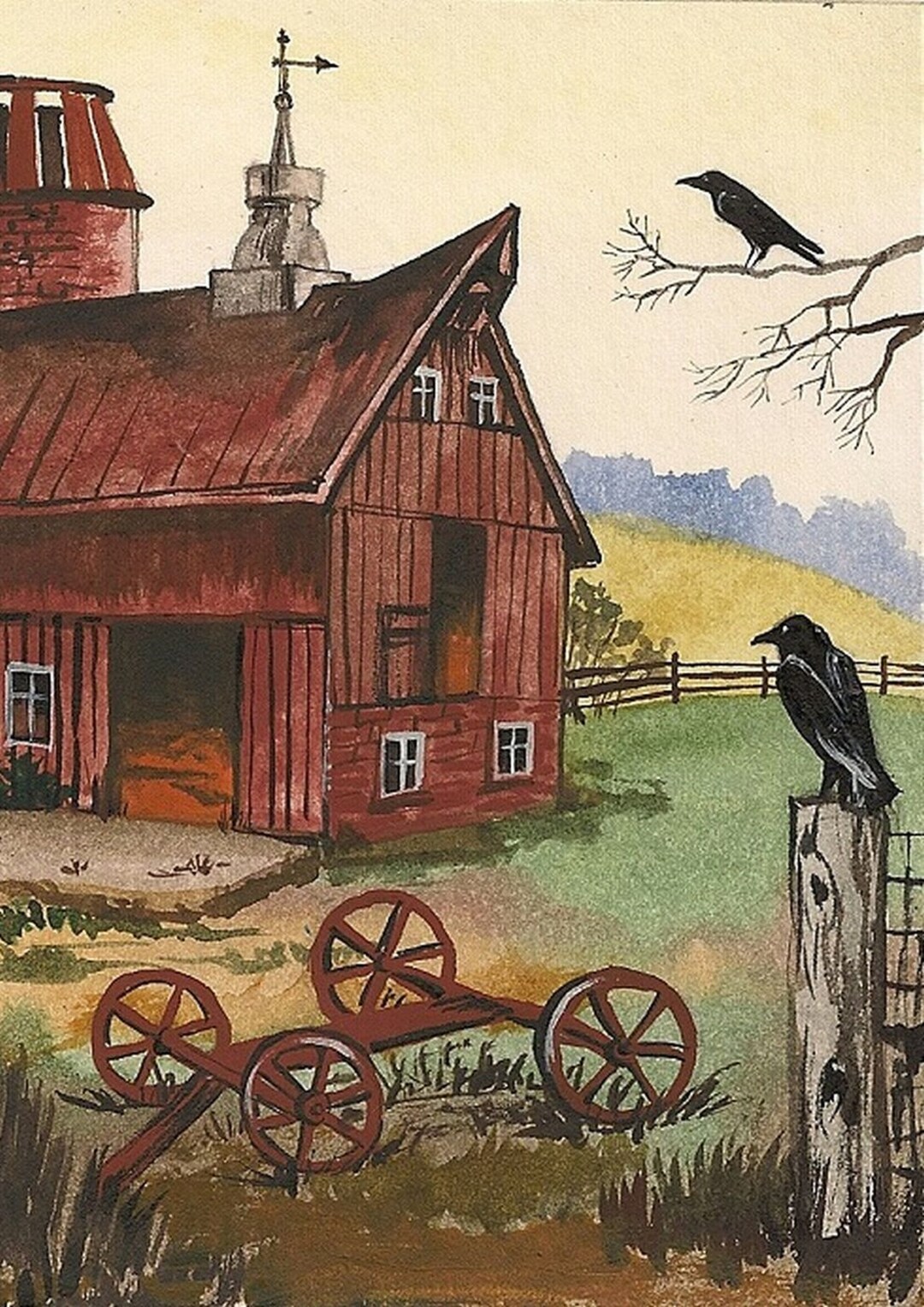 ACEO Old Barn RYTA Haunted Halloween Raven Crow Barn Farm Landscape ...