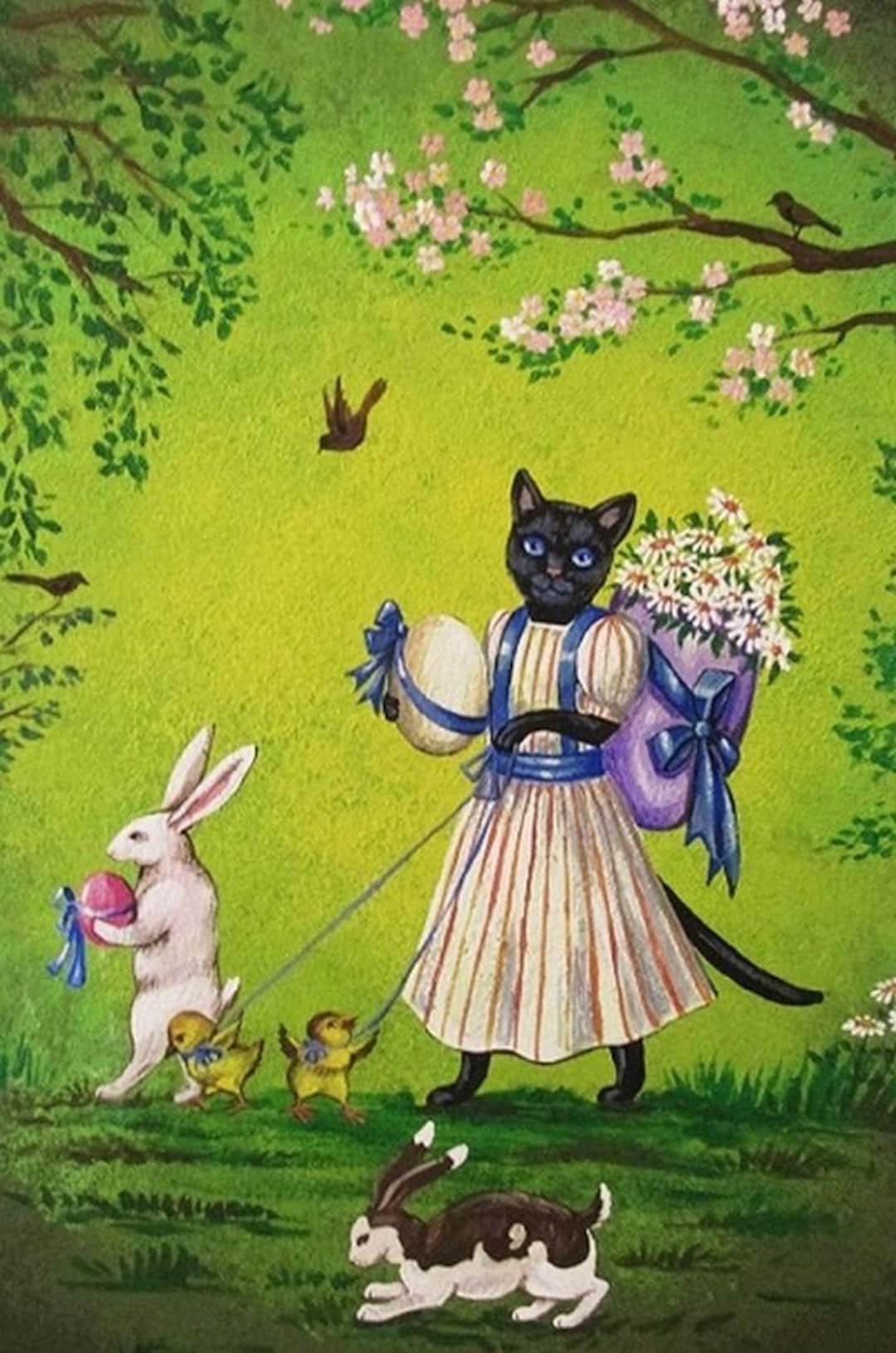 4x6 Old Time Easter RYTA Black Cat Rabbit Bunny Egg Spring Season ...