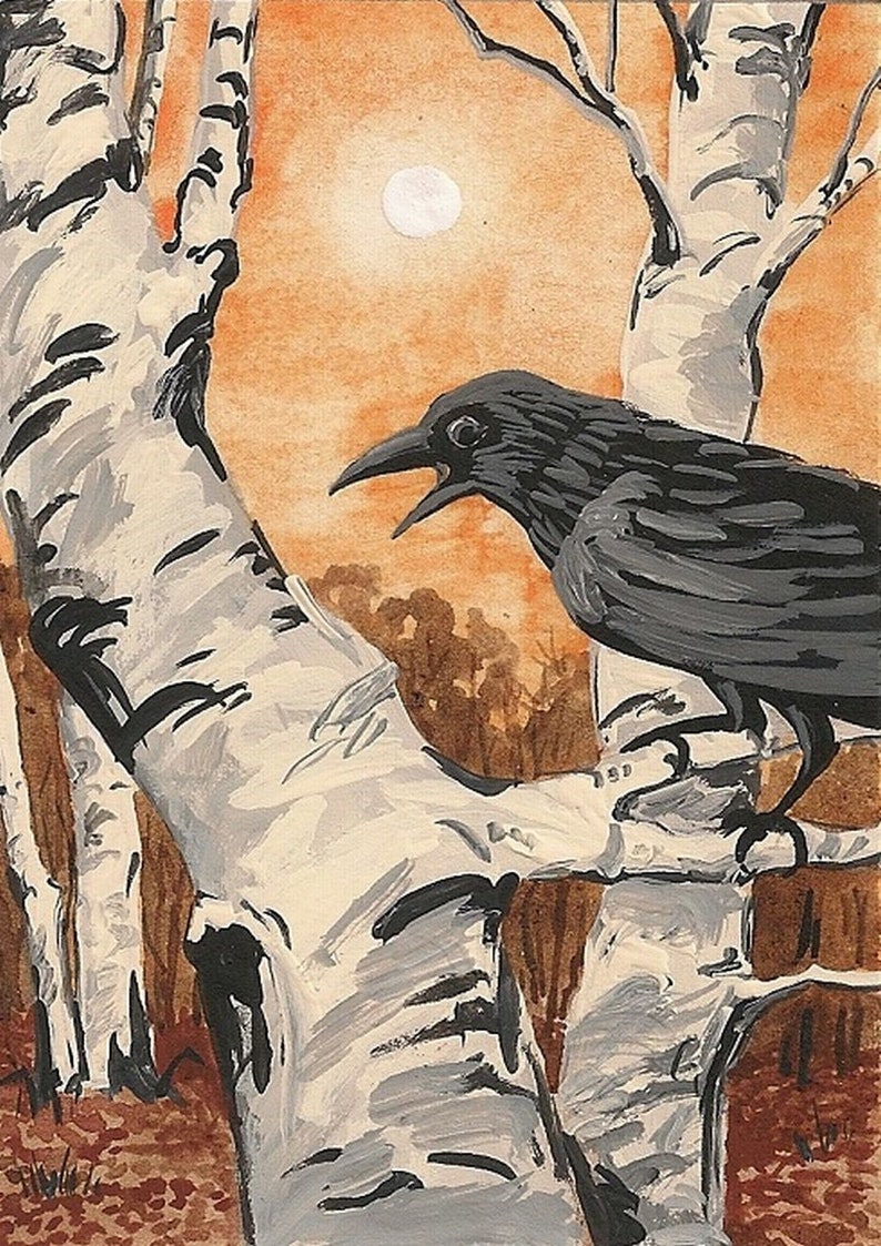 5x7 Voice of the Raven RYTA Crow Birch Tree Forest Halloween Landscape ...