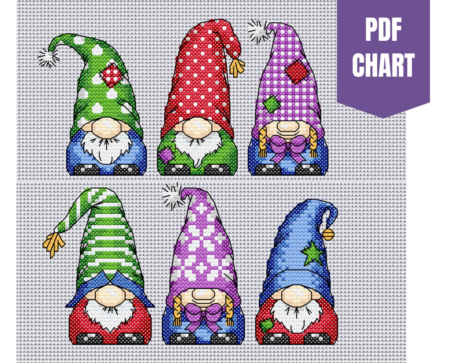 Bumper Chart Pack of Twelve Colorful Gnomes Cross Stitch - Etsy