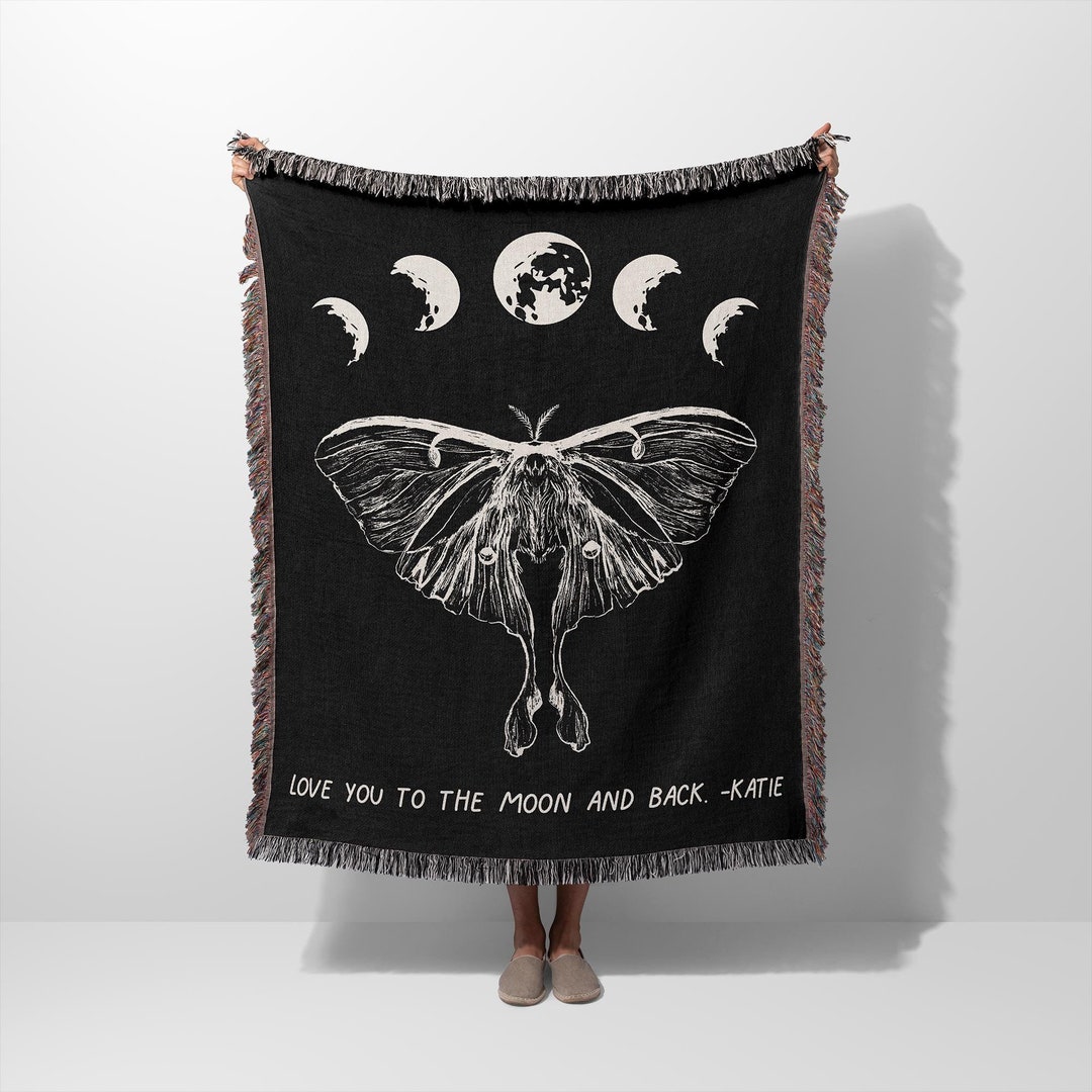 Personalized Luna Moth Blanket, Witchy Woven Blanket, Moon Phase Woven ...