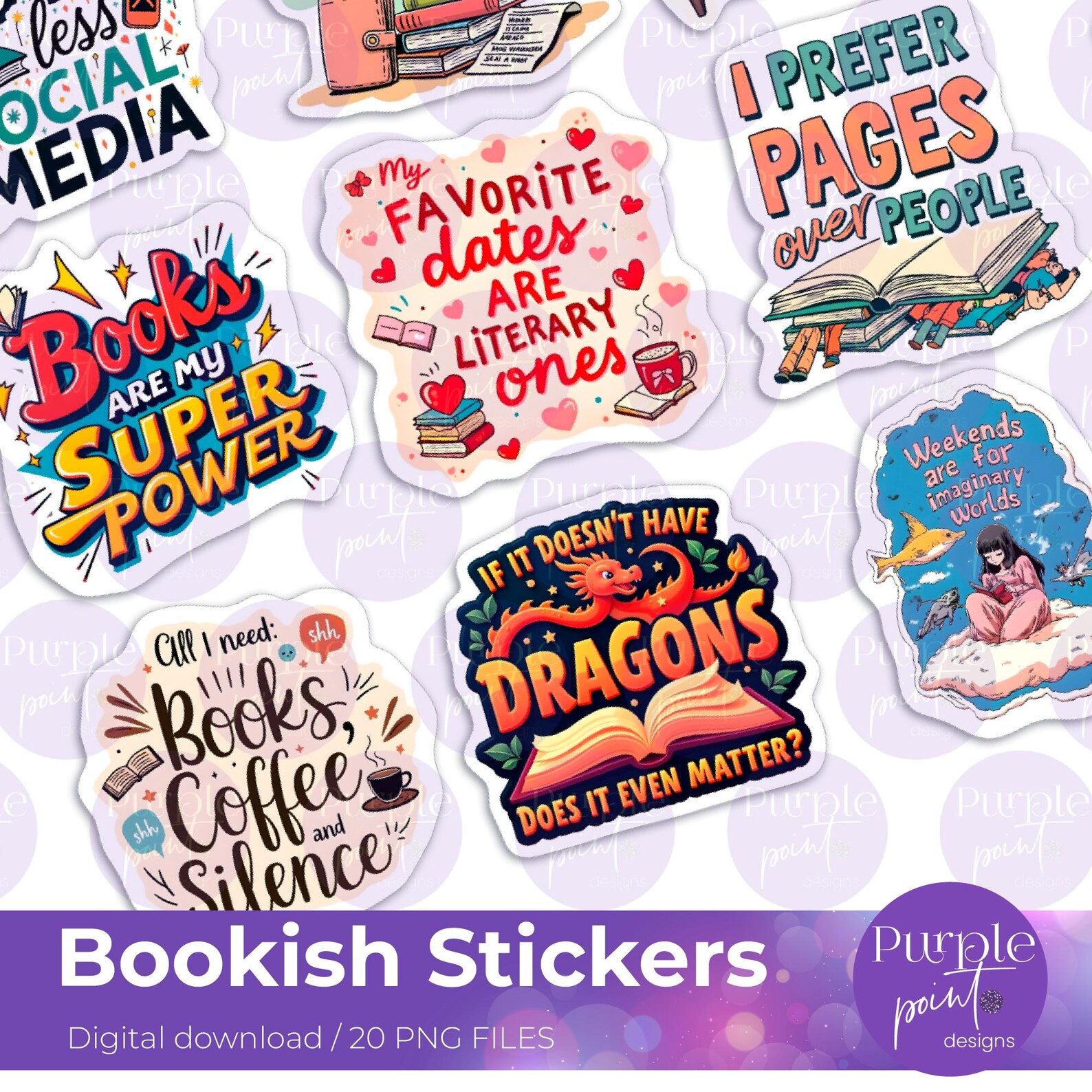 20 Book Lover Designs, Digital PNG Transparent + Black Outline, Instant ...