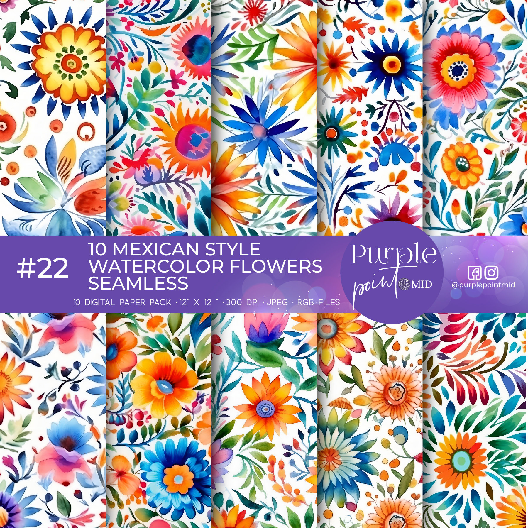 Mexican Style Watercolor Flowers, Digital Paper, Digital Paper Pack ...