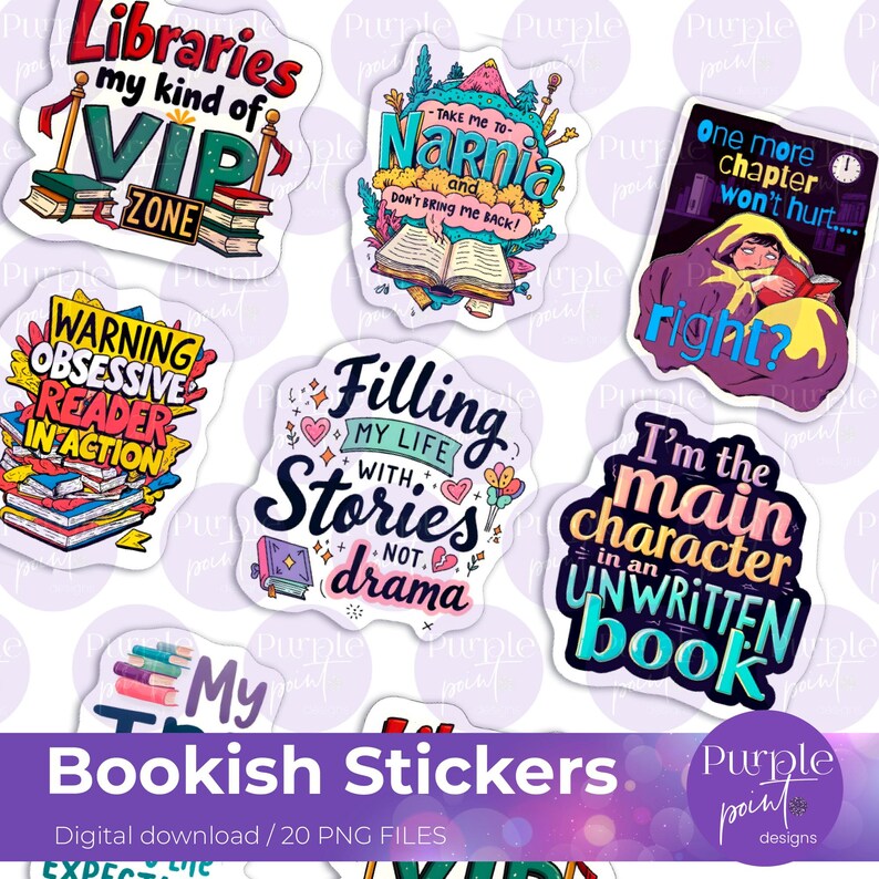 20 Book Lover Designs, Digital PNG Transparent + Black Outline, Instant ...