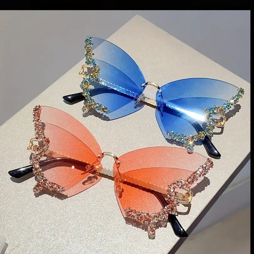 Butterfly Rimless Sunglasses for Women Bling Rhinestone Gradient ...