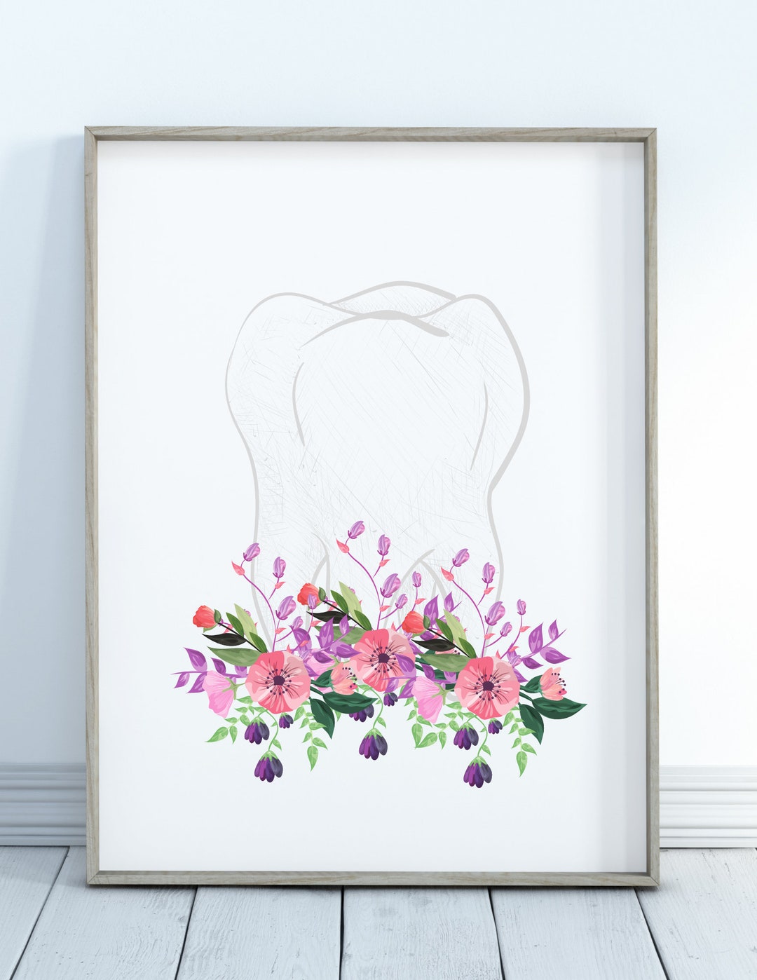 Tooth Anatomy Art With Flowers, Dentist Office Art, Printable, Digital ...