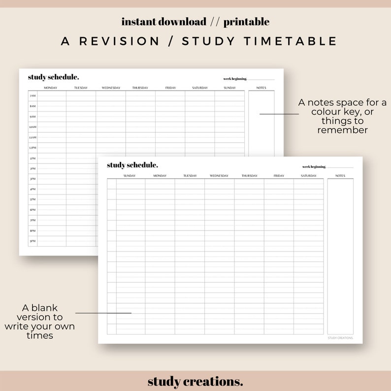 Minimalist Revision Timetable Printable Set | Study Schedule | Weekly ...