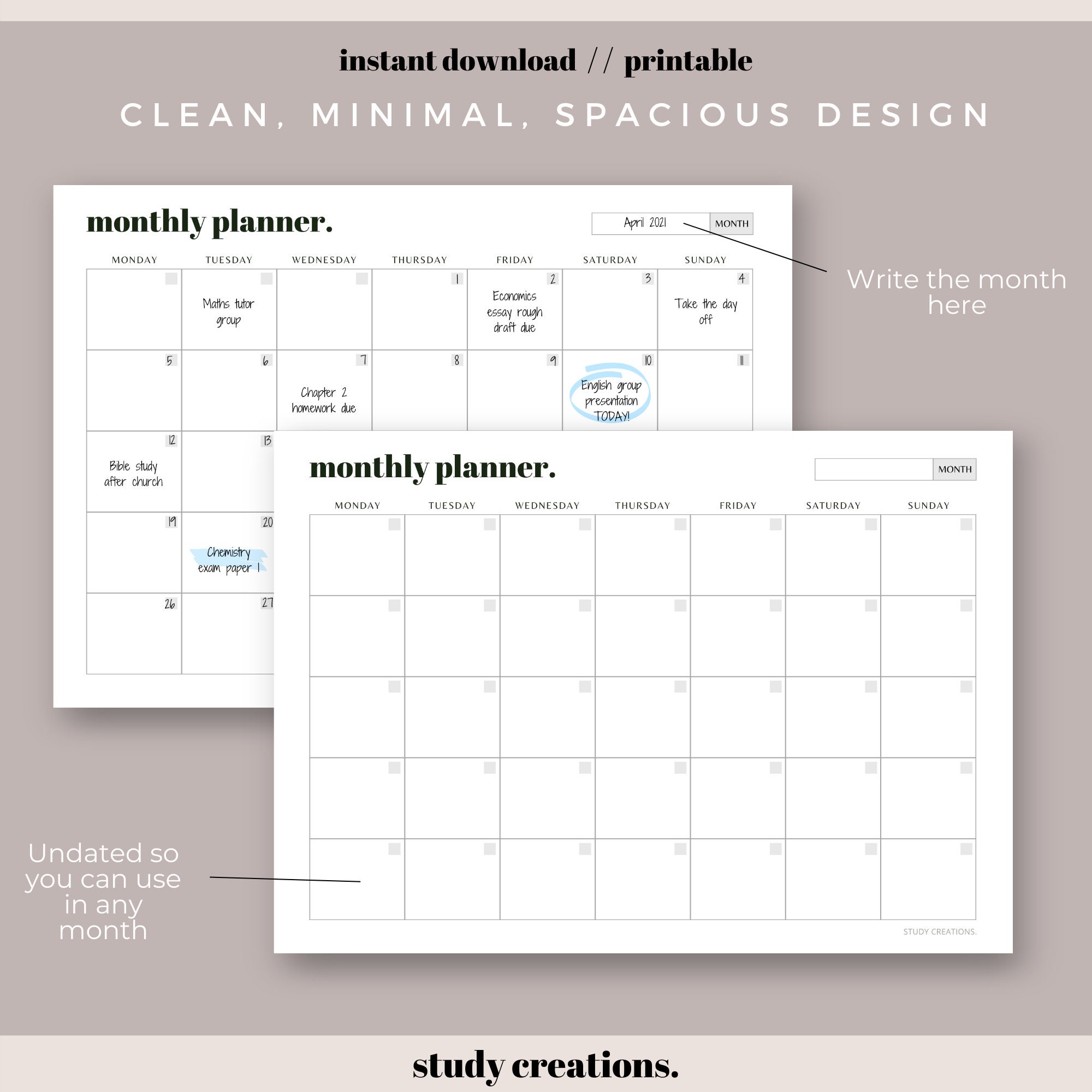 Undated Monthly Planner Printable | Monthly Calendars | Monday and ...