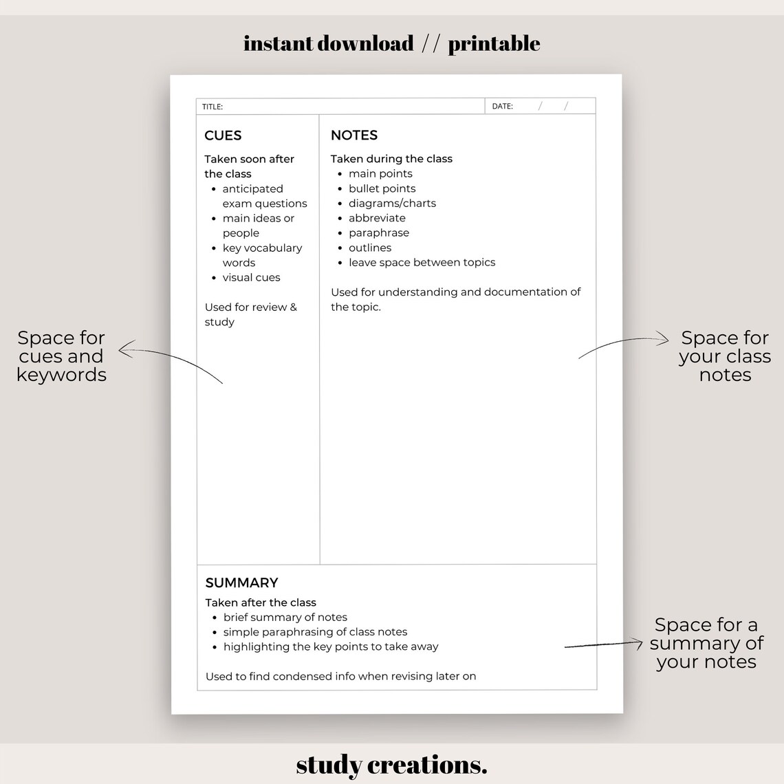 Cornell Note-taking Paper Printable Pack Student Printables - Etsy UK