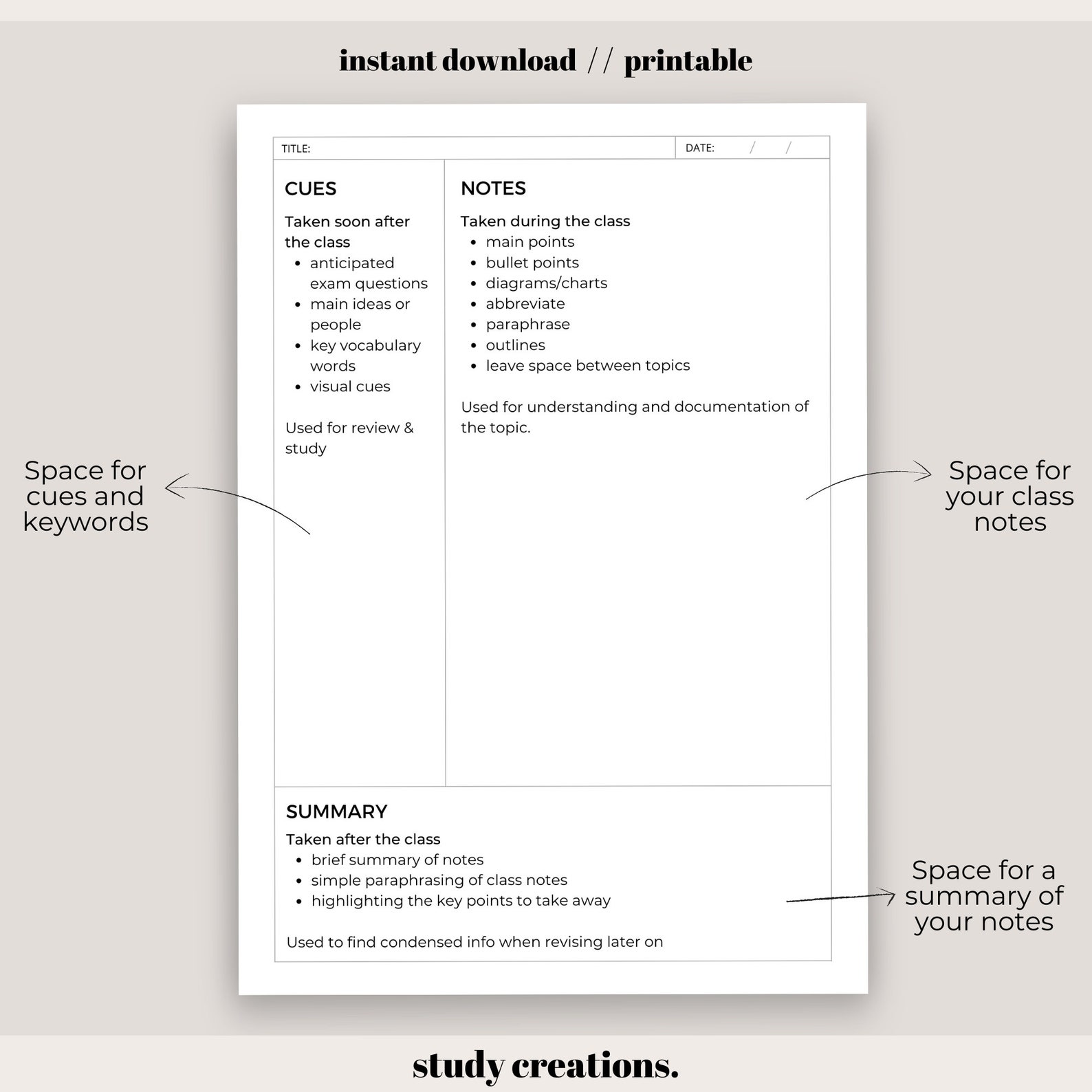 Cornell Note-taking Paper Printable Pack Student Printables - Etsy UK