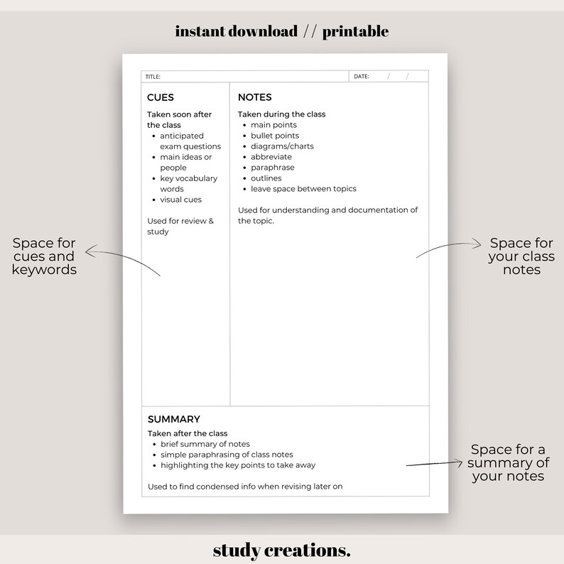 Cornell Note-taking Paper Printable Pack Student Printables - Etsy UK