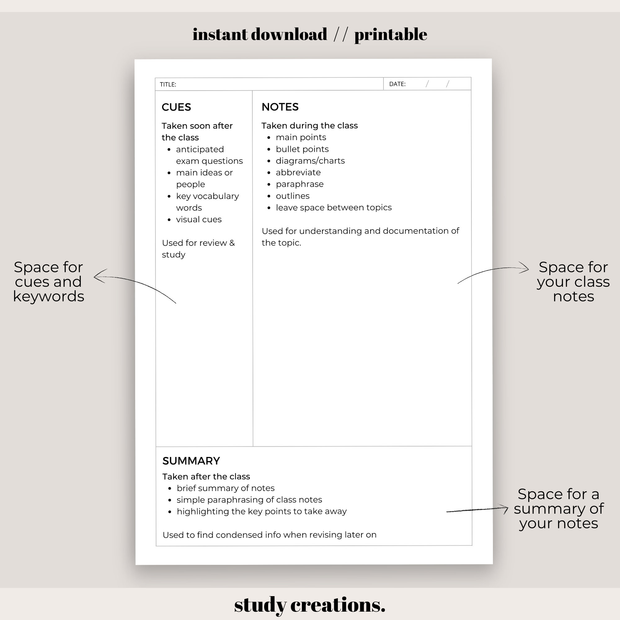 Cornell Note-taking Paper Printable Pack | Student Printables | Cornell ...