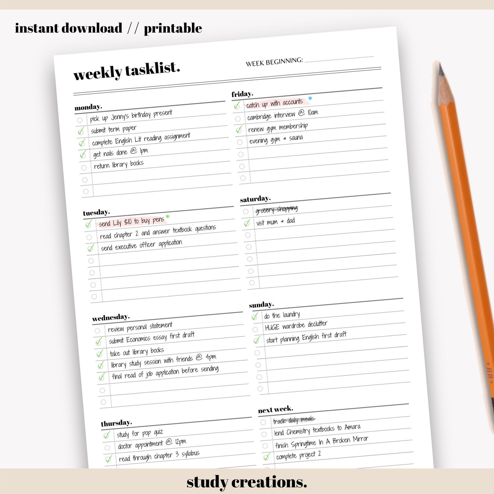 Weekly Tasklist Planner Printable | Weekly Planner | To-do List ...