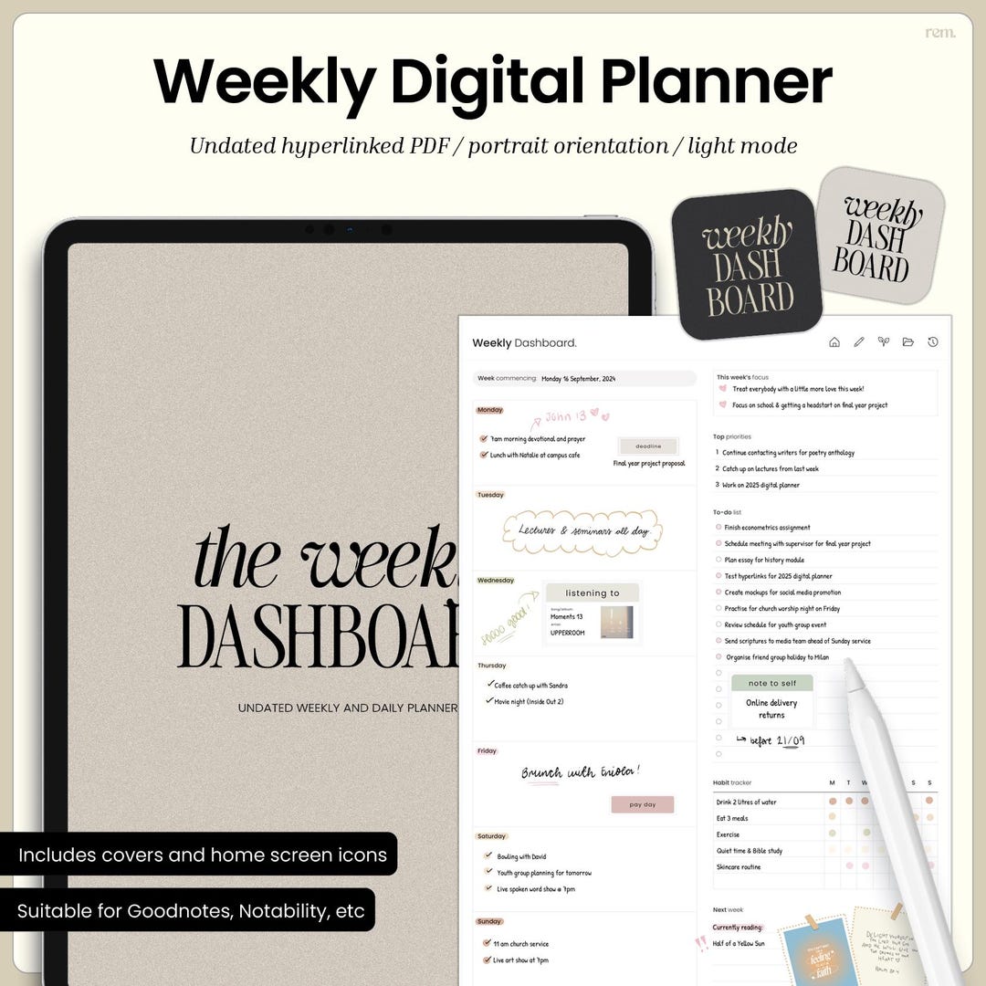Weekly Digital Planner | Portrait Weekly, Daily & Self-growth Dashboard ...