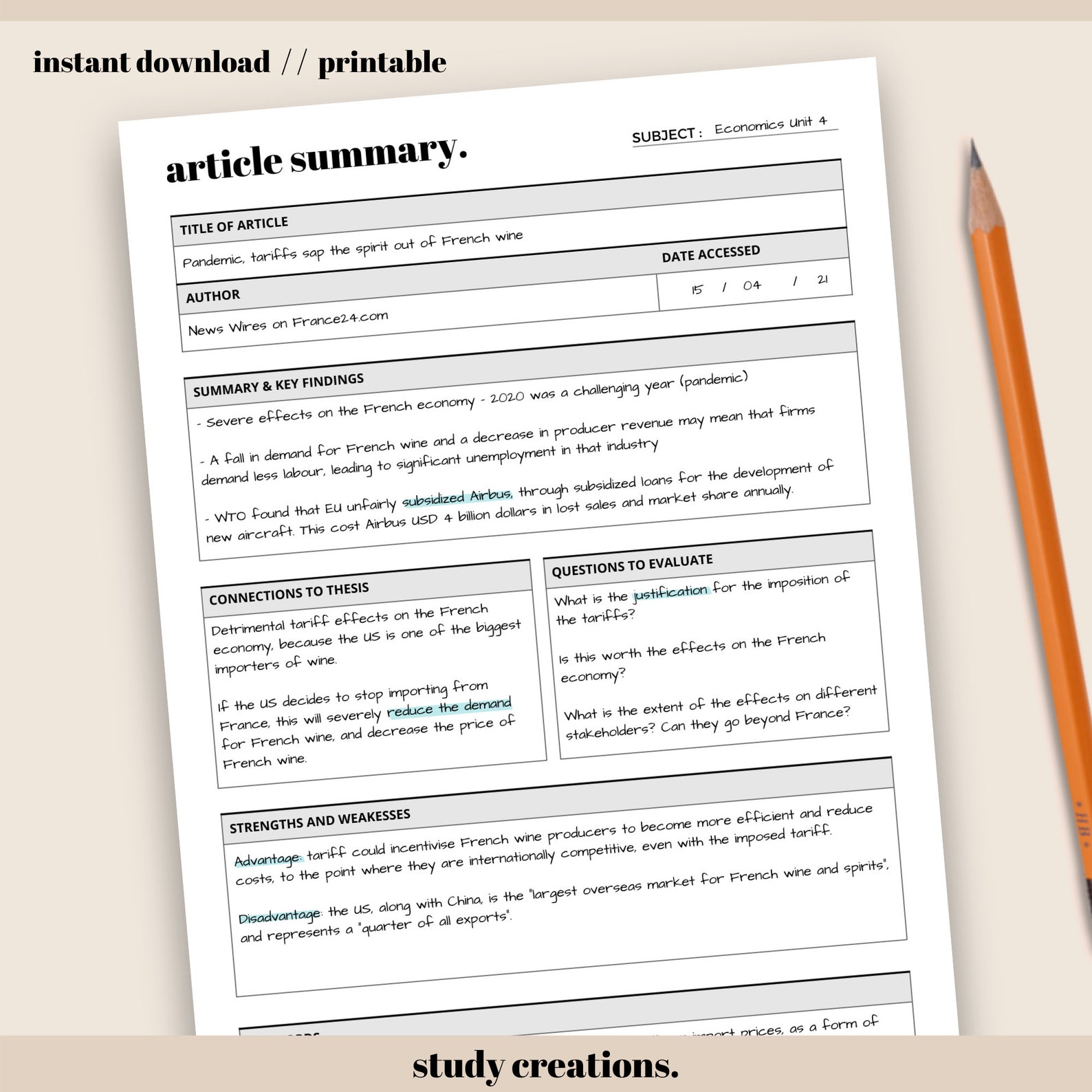 Article Summary Printable for Students | Research Paper | College ...