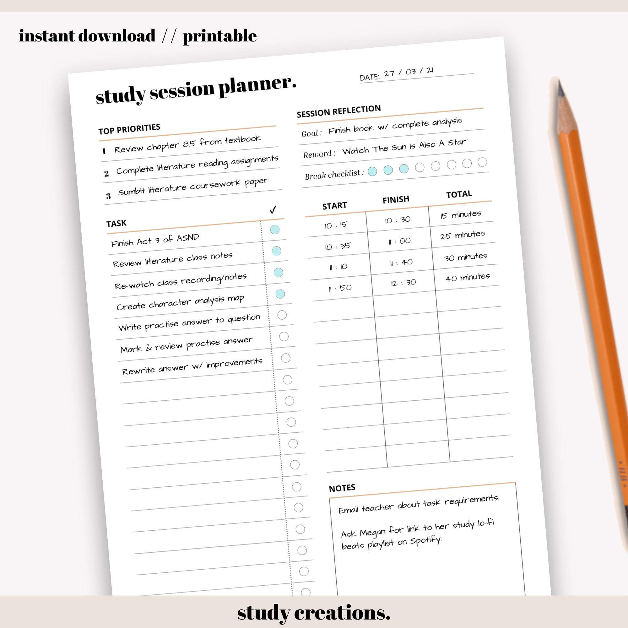 Study Session Planner Printable | Study Planner | Student Organiser ...