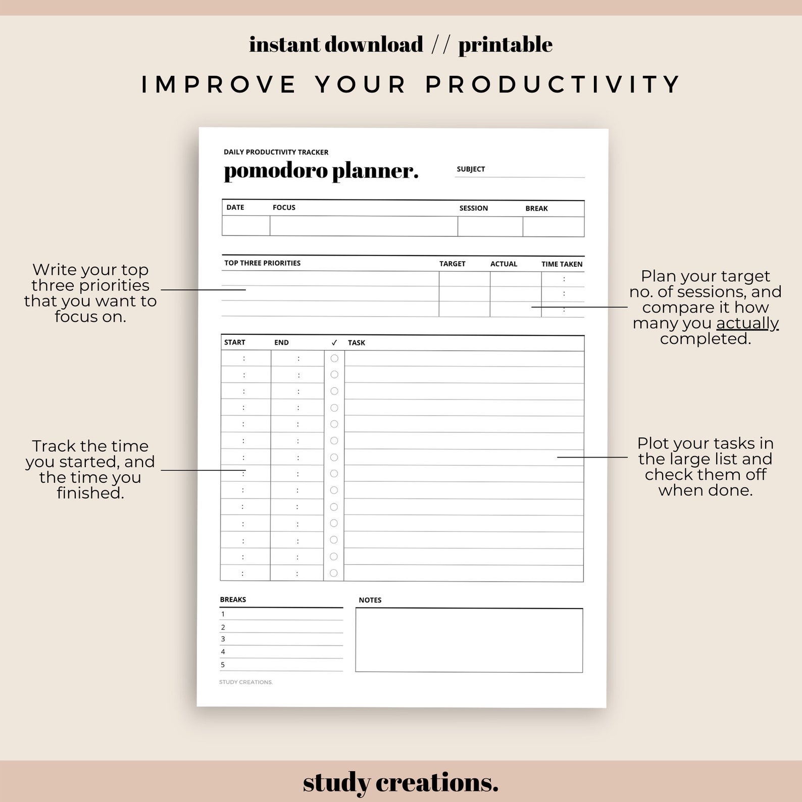 Pomodoro Technique Planner Printable Study Session Planner Time Tracker ...