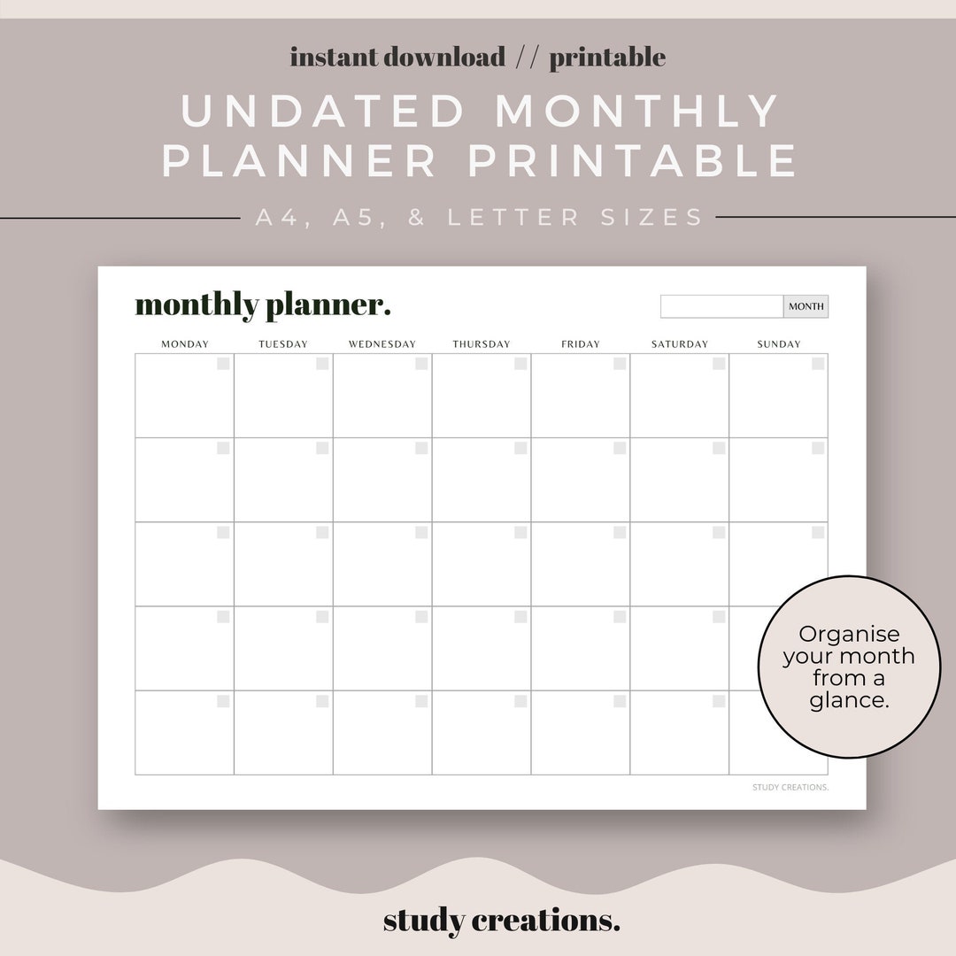 Undated Monthly Planner Printable | Monthly Calendars | Monday and ...