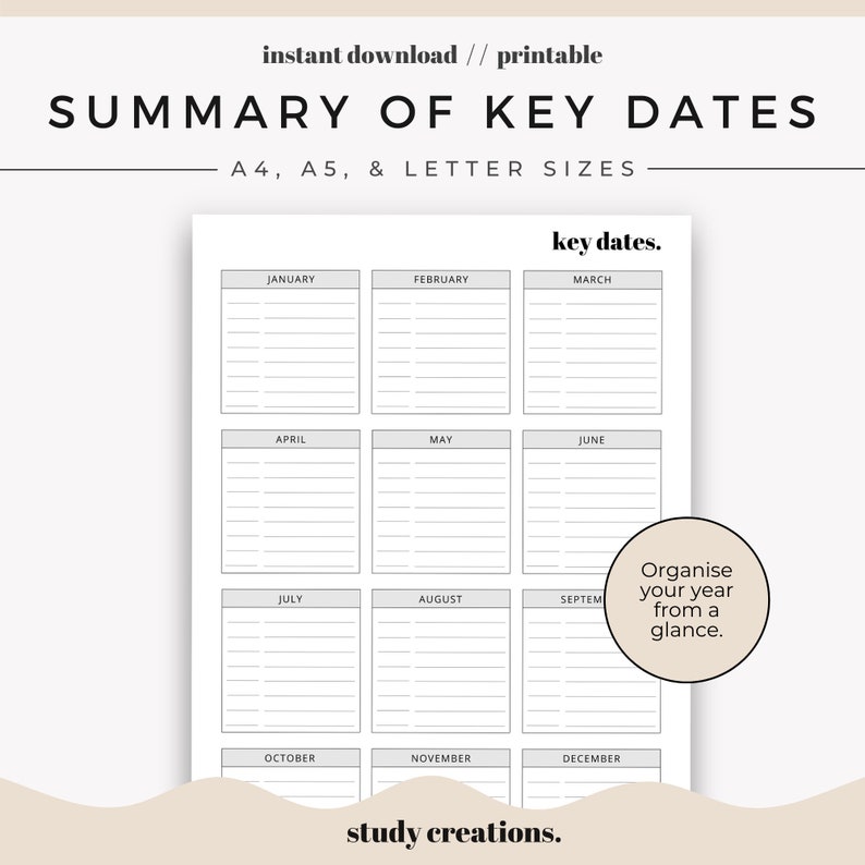 Summary of Key Dates | Important Dates | Yearly Planner | Year at a ...