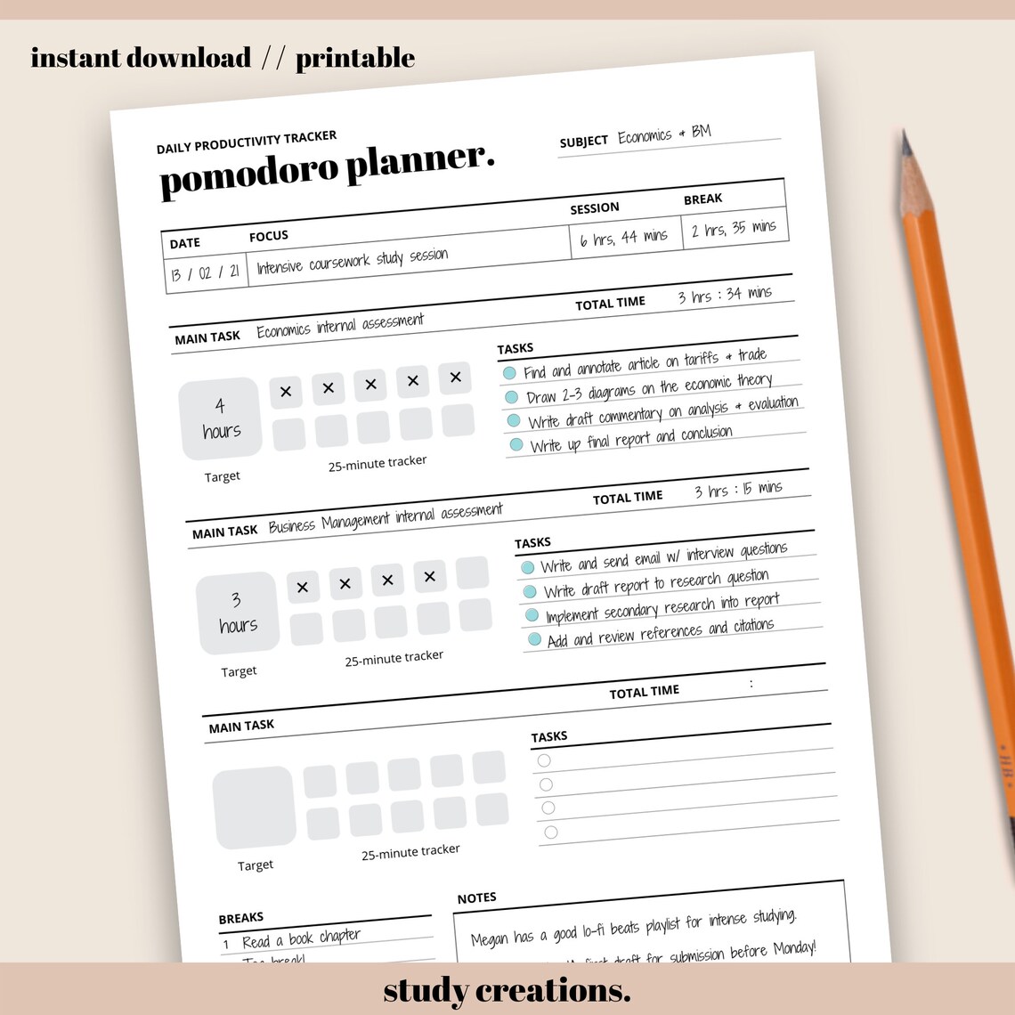 Pomodoro Technique Planner Printable Study Session Planner - Etsy UK