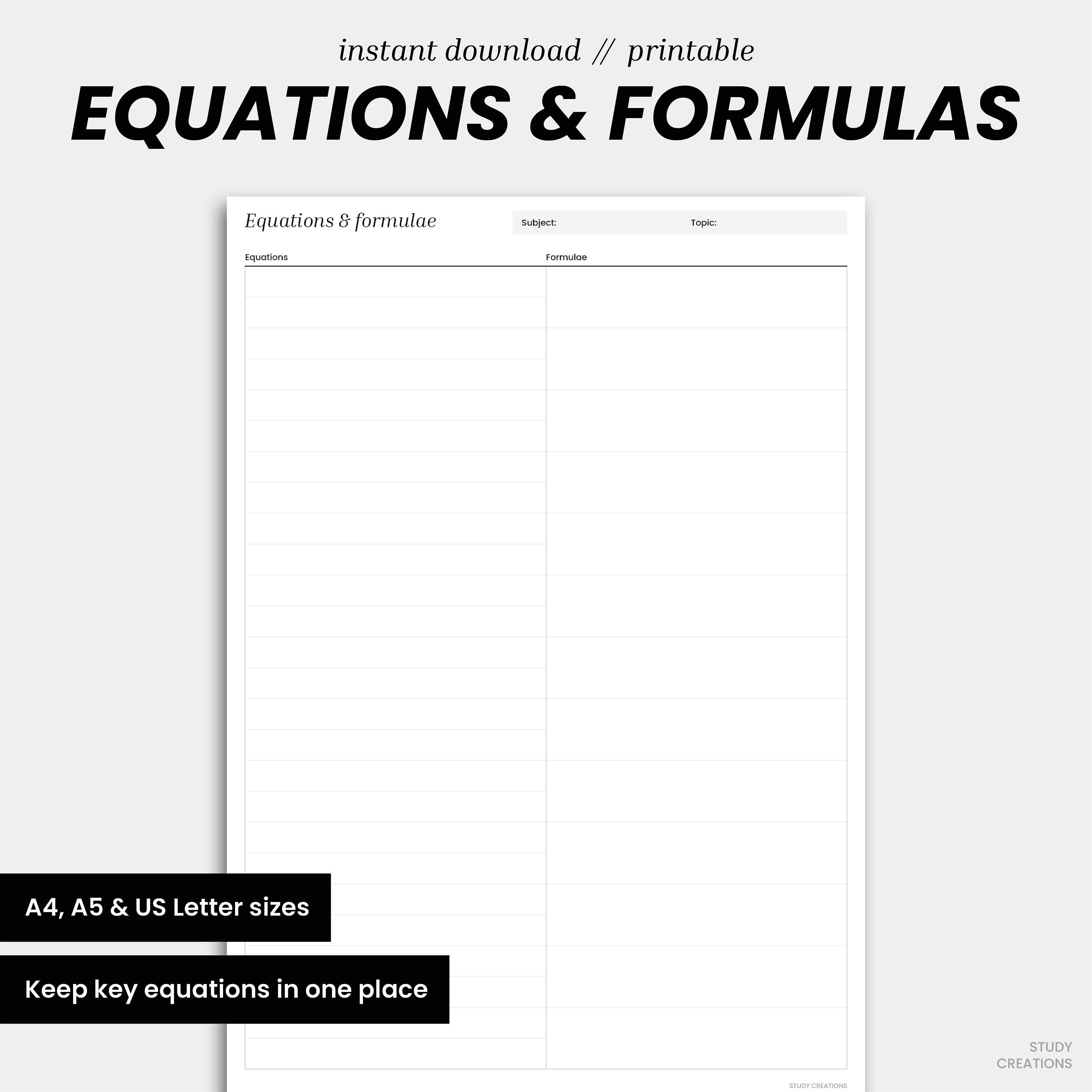 Equations & Formulas Printable | Student Printable | Revision Planner ...