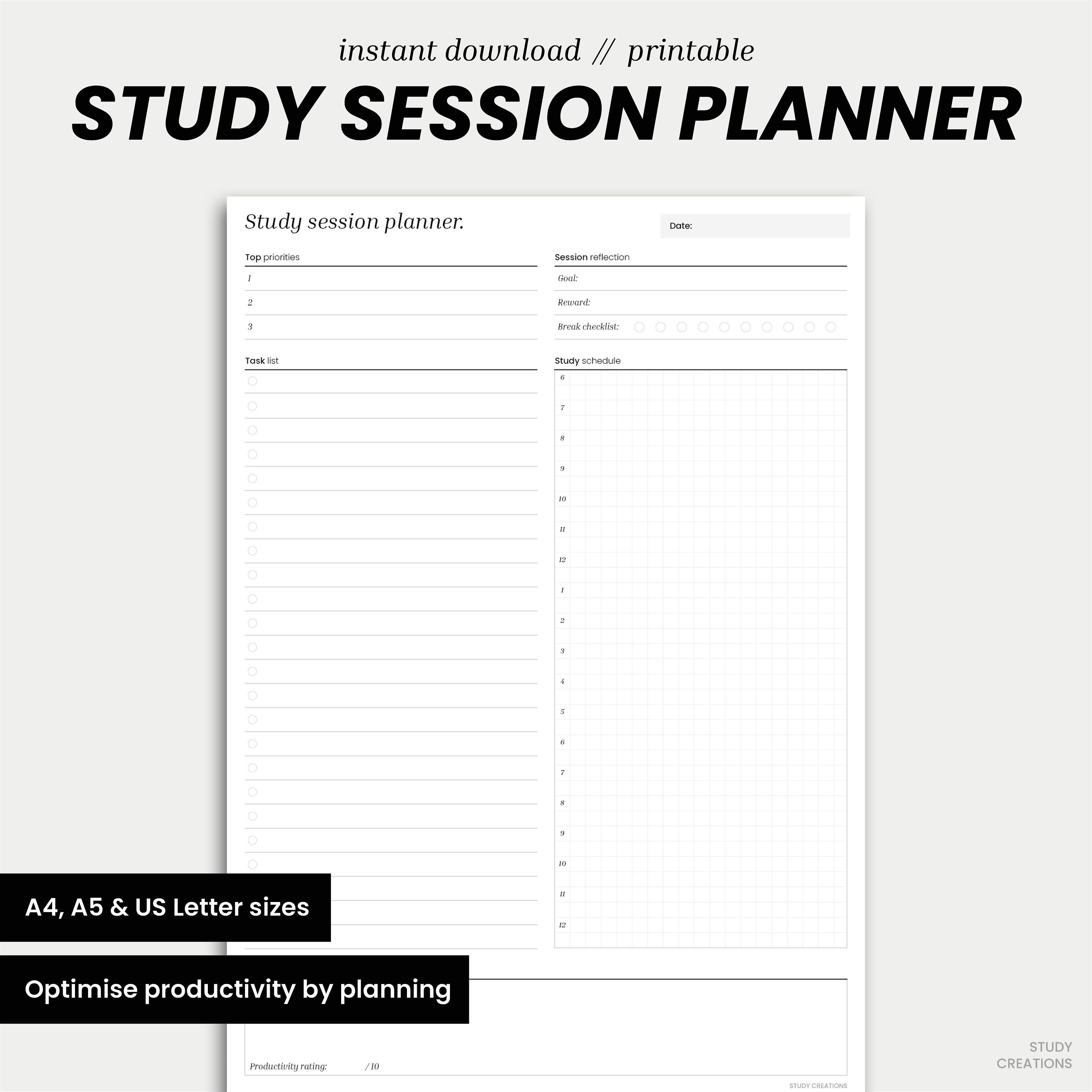 Study Session Planner | Study Planner | Student Organiser | Study ...